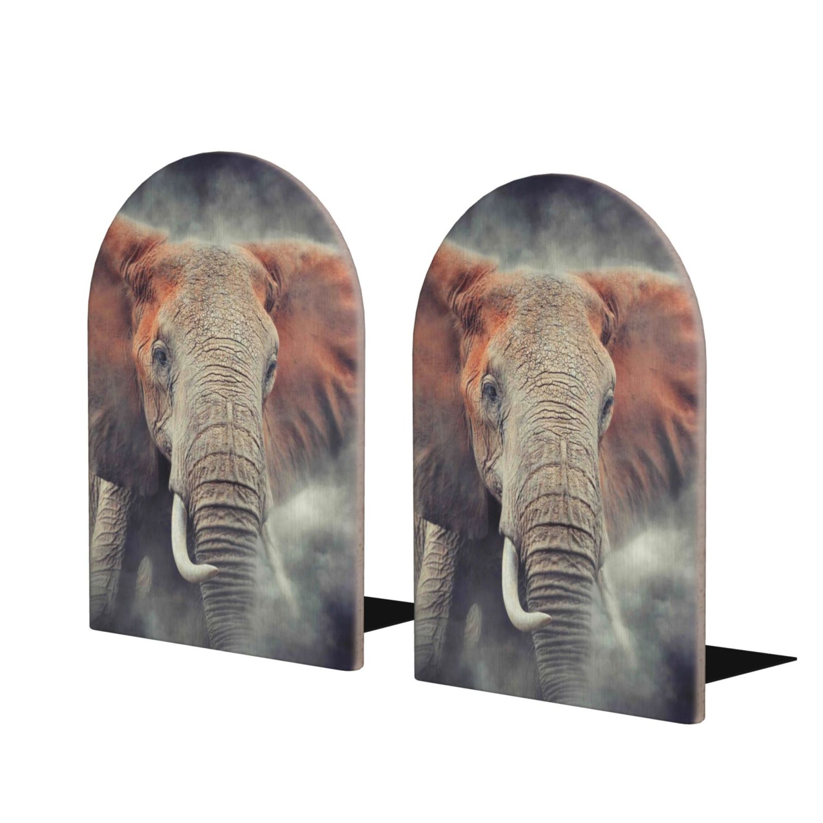 Adobk Elephant in Smoke Print Wooden Bookends with Metal Base,on-Skid ...