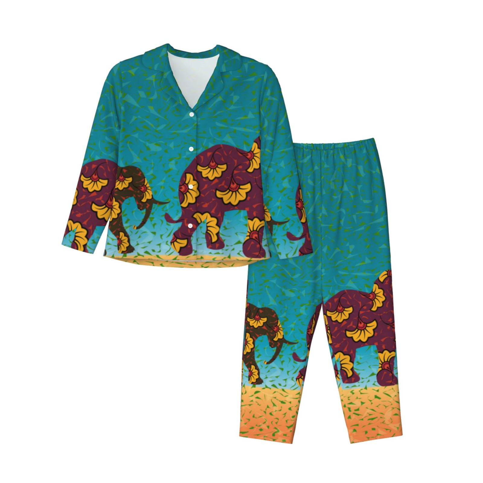 Adobk Elephants Print Pajamas Set Long Sleeve Sleepwear Womens Button ...