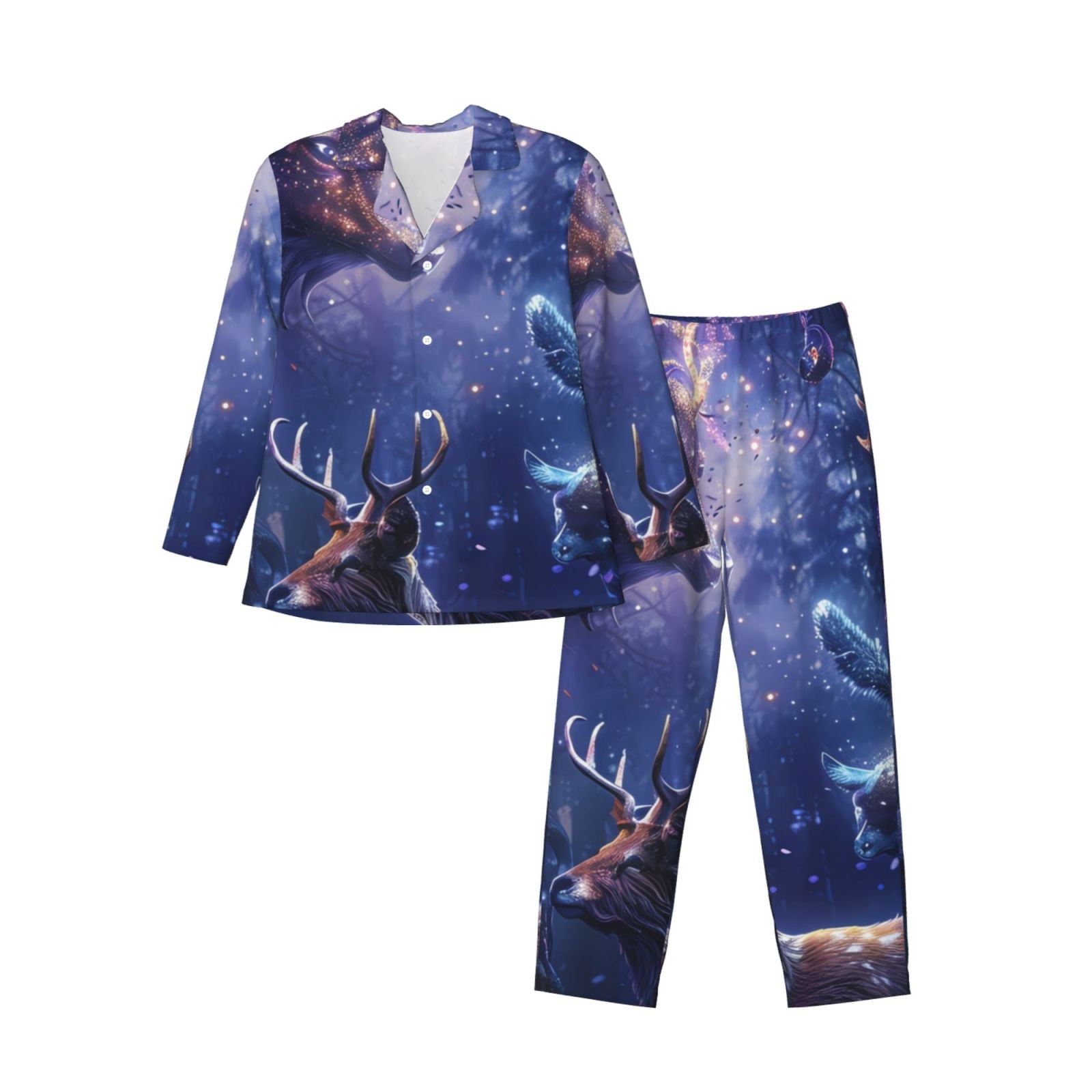 Adobk Enchanted Forest Stag Gathering Print Mens Pajamas Set Long ...