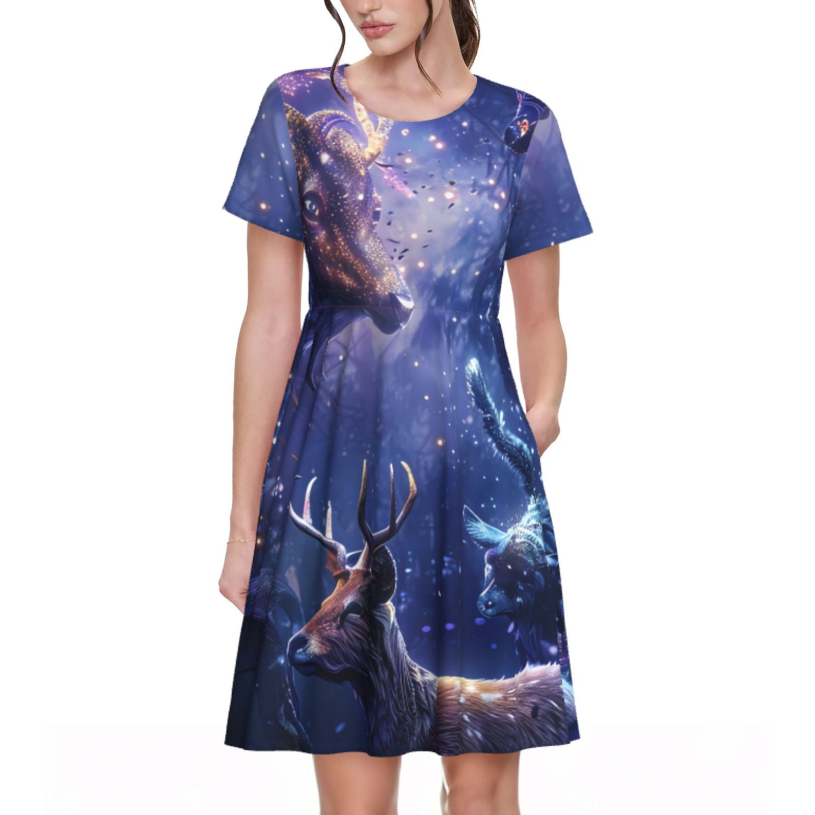 Adobk Enchanted Forest Stag Gathering Print Women’s Short Sleeve Dress ...