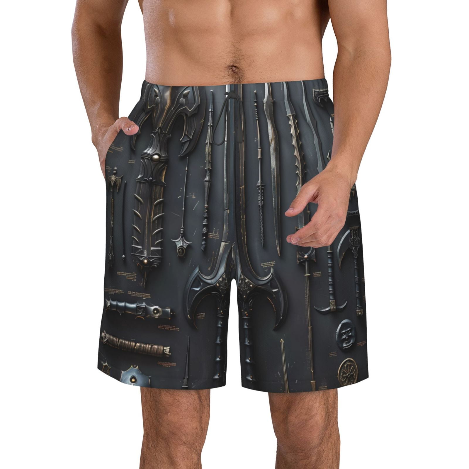 Adobk Fantasy Medieval Weaponry Print Men's Swim Trunks Hawaiian ...