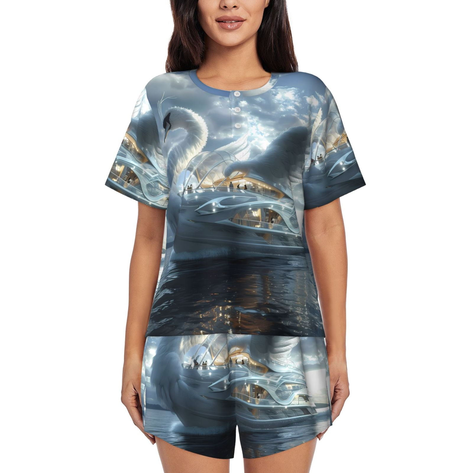 Adobk Fantasy Swan Yacht Design Print Women Pajamas Sets for Short ...