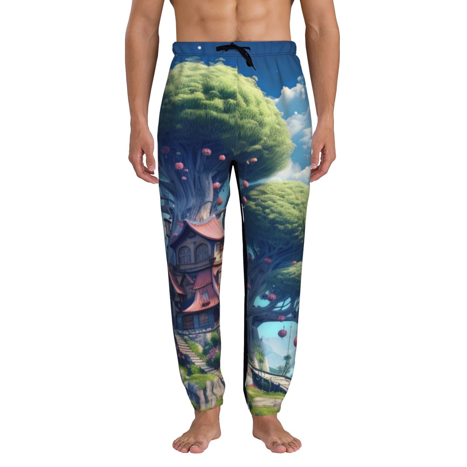 Adobk Fantasy Treehouse Planet Scene Print Men's Sweatpants Tapered ...
