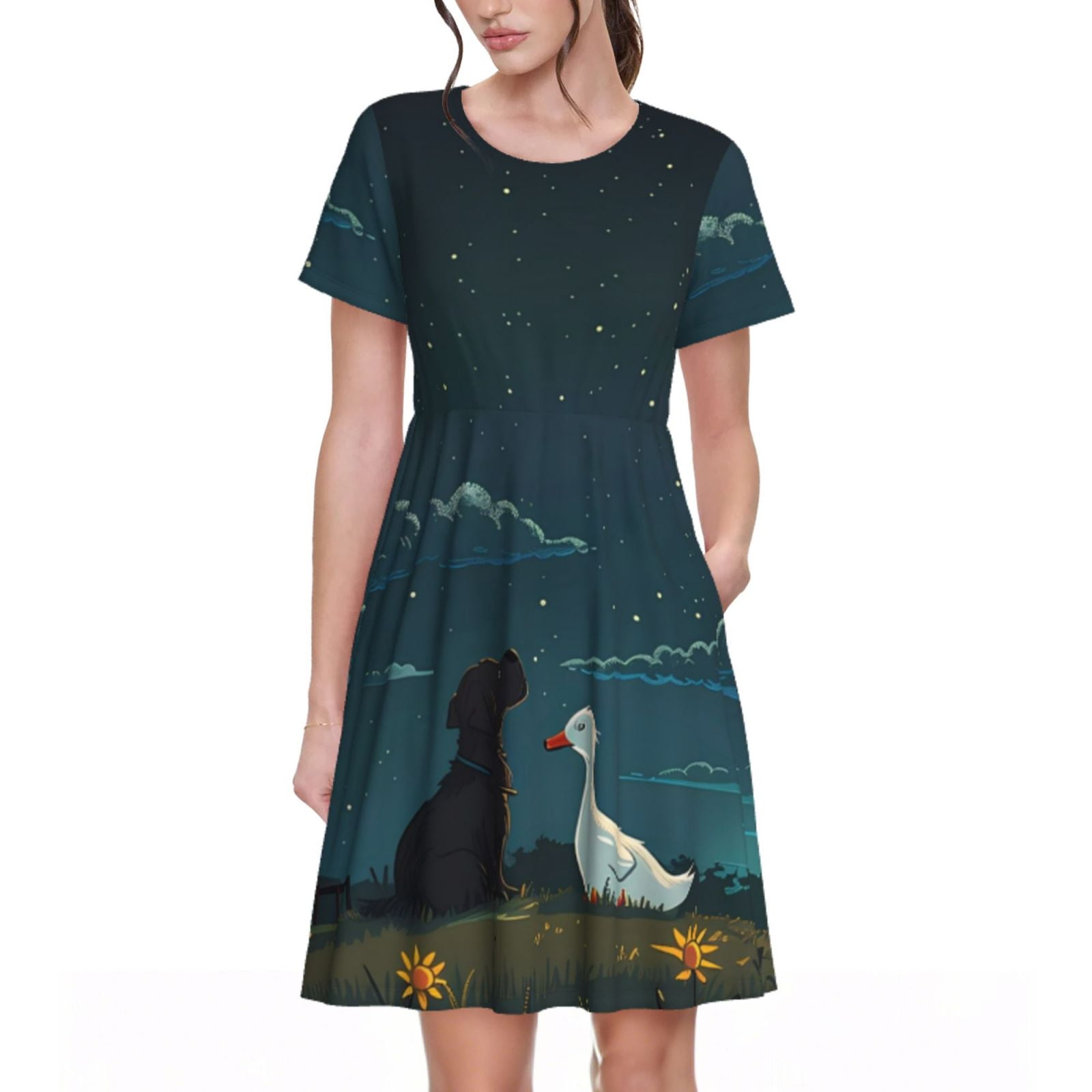 Adobk Farm Dog Duck Moonlight Print Women’s Short Sleeve Dress ...