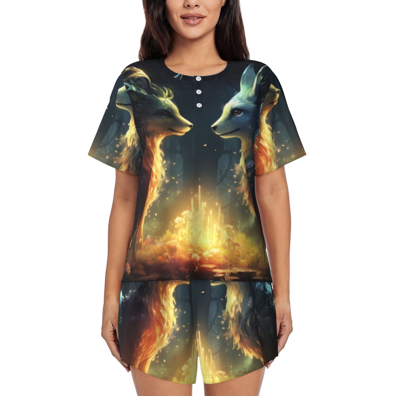 Adobk Firefly Forest Fox Print Women Pajamas Sets for Short-Sleeved ...
