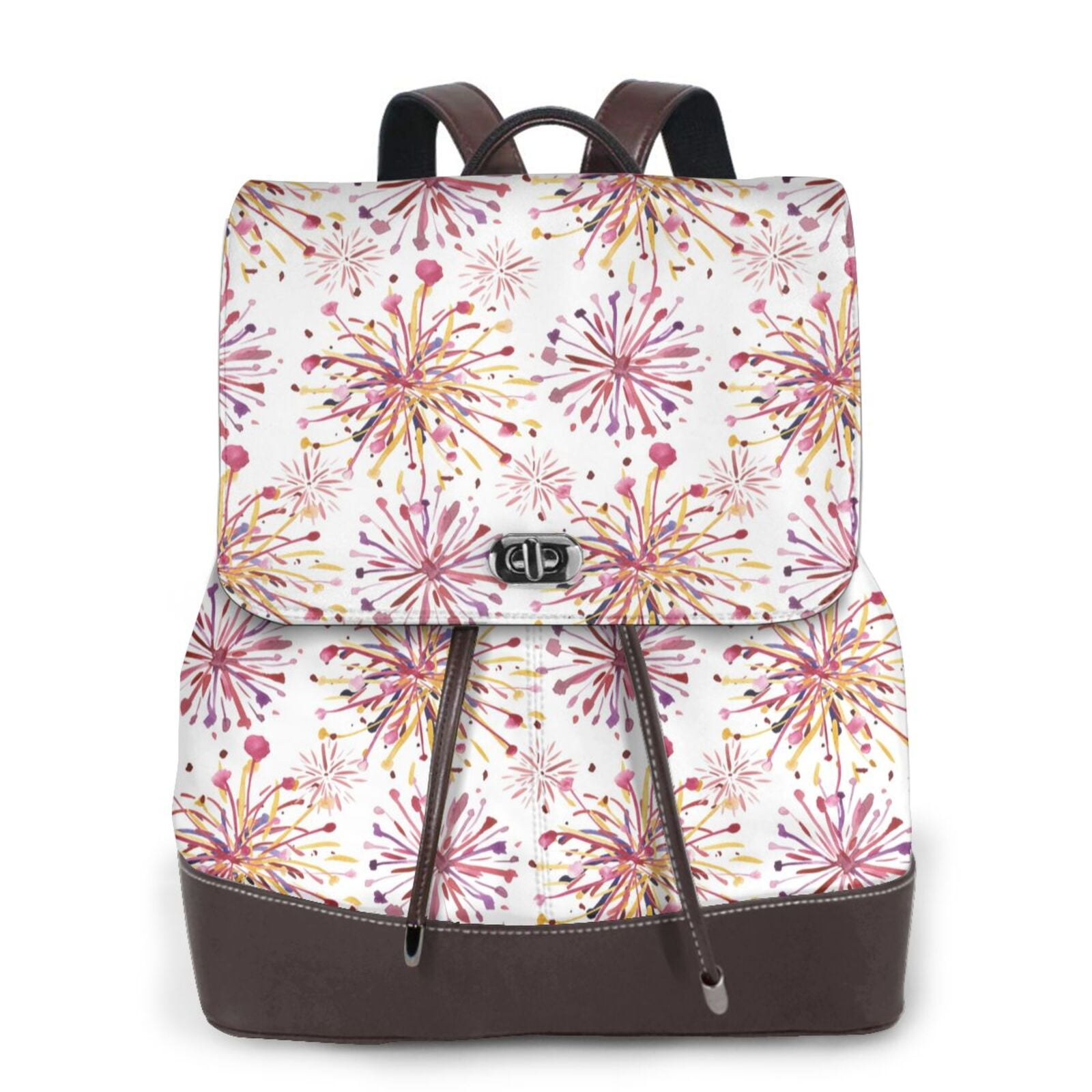 Adobk Fireworks Print Leather Backpack Vintage Laptop Bookbag for Women ...