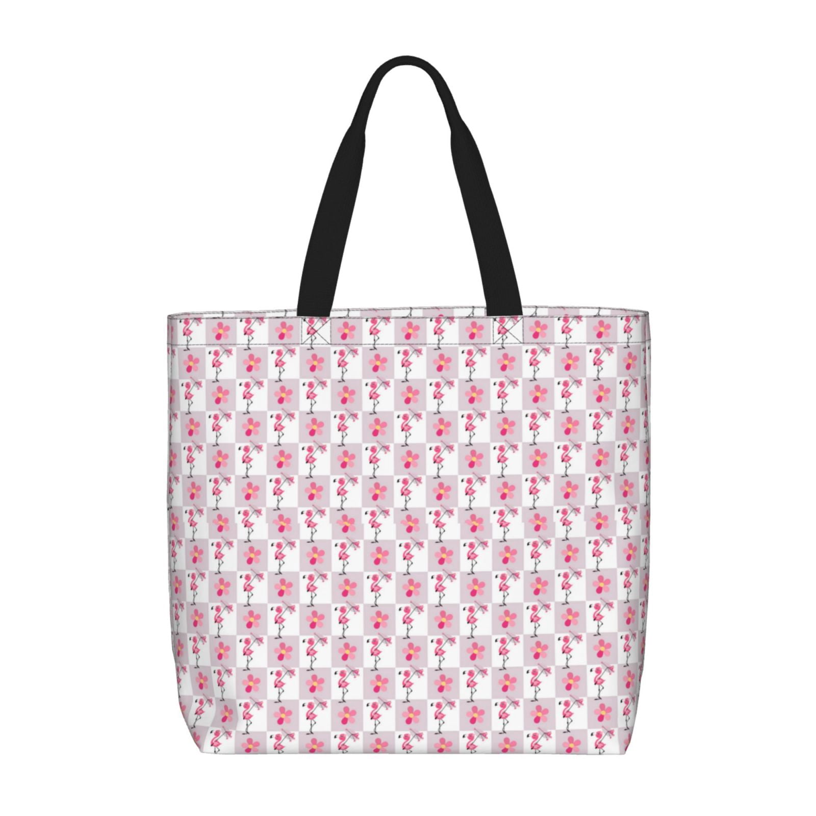 Adobk Flamingo On Checkered Print Tote Bags Shoulder Bag Beach Bag with ...