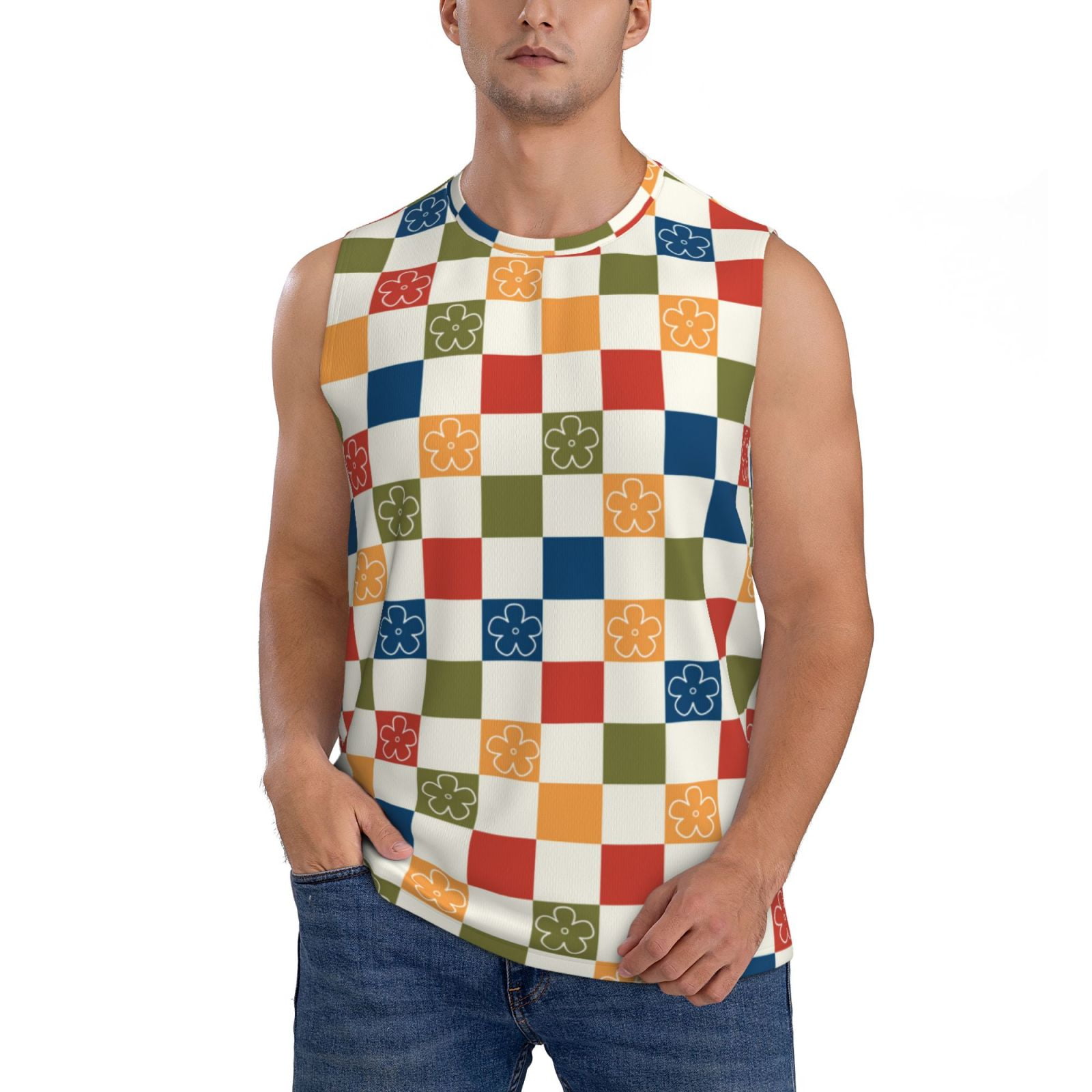 Adobk Floral Checkerboard Men's Tank Top Muscle Workout Gym Shirts ...