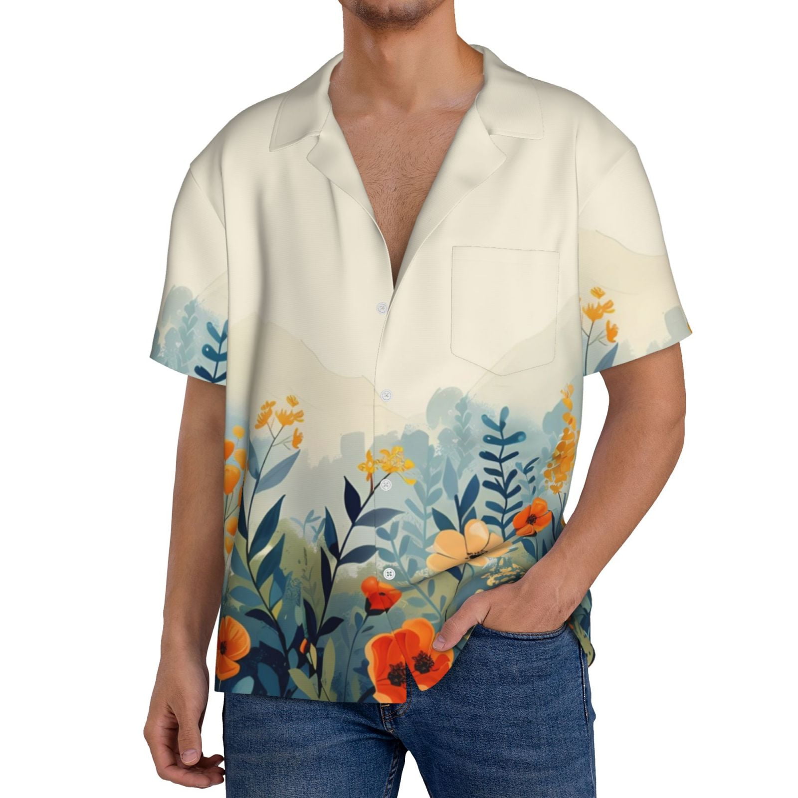 Adobk Floral Mountain Landscape Print Men's Casual Button Down Shirt ...