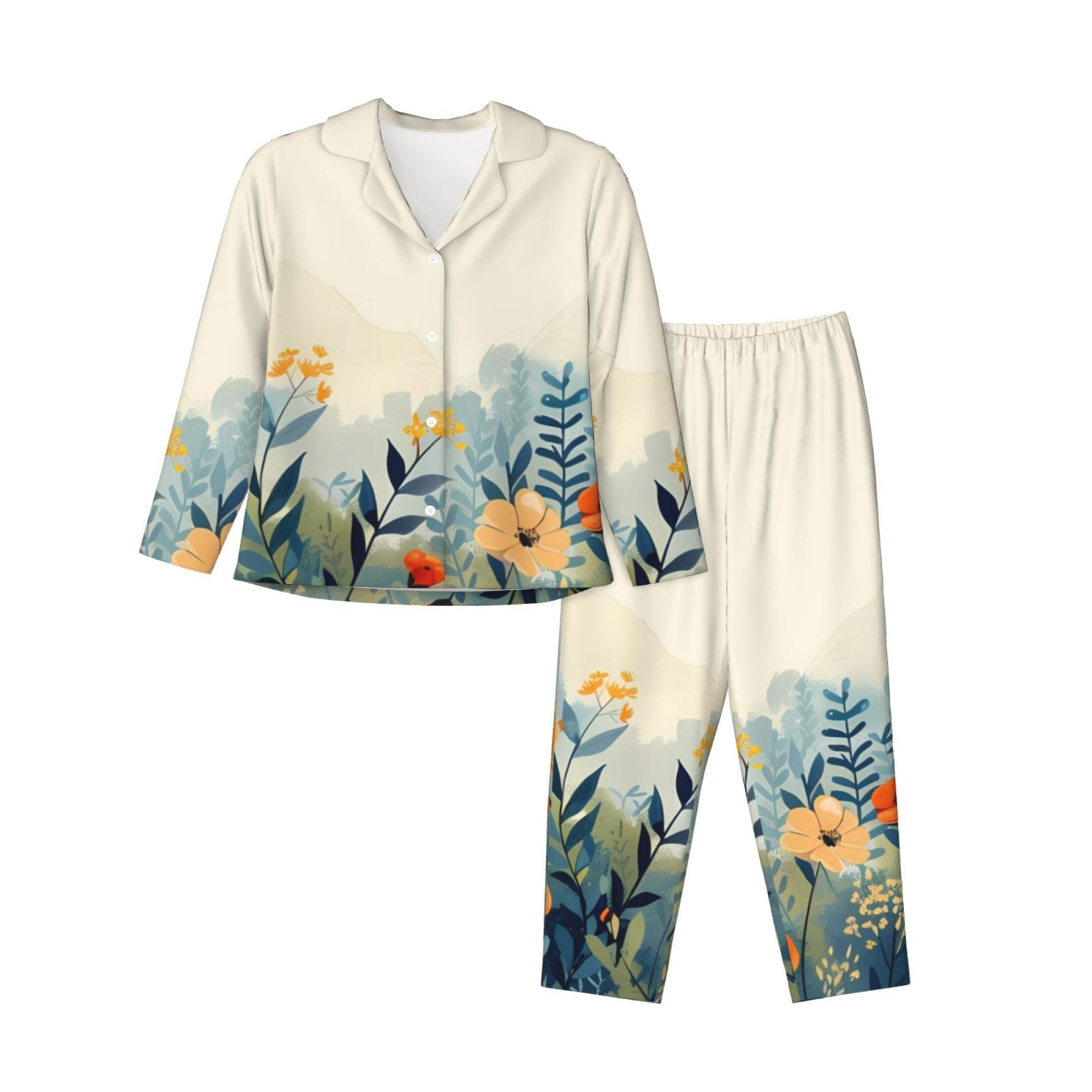 Adobk Floral Mountain Landscape Print Pajamas Set Long Sleeve Sleepwear ...