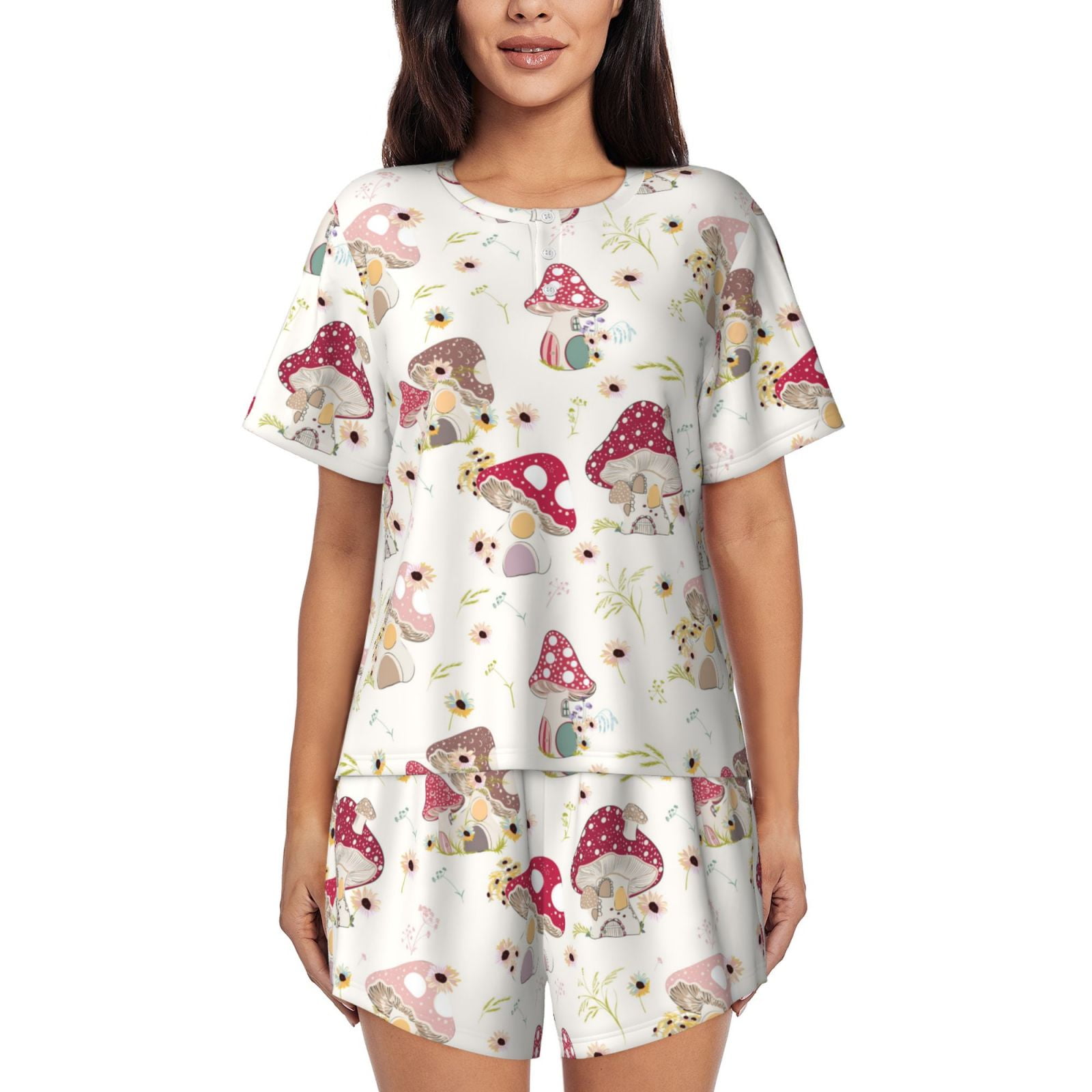 Adobk Floral Mushroom Print Women Pajamas Sets for Short-Sleeved，Shorts ...