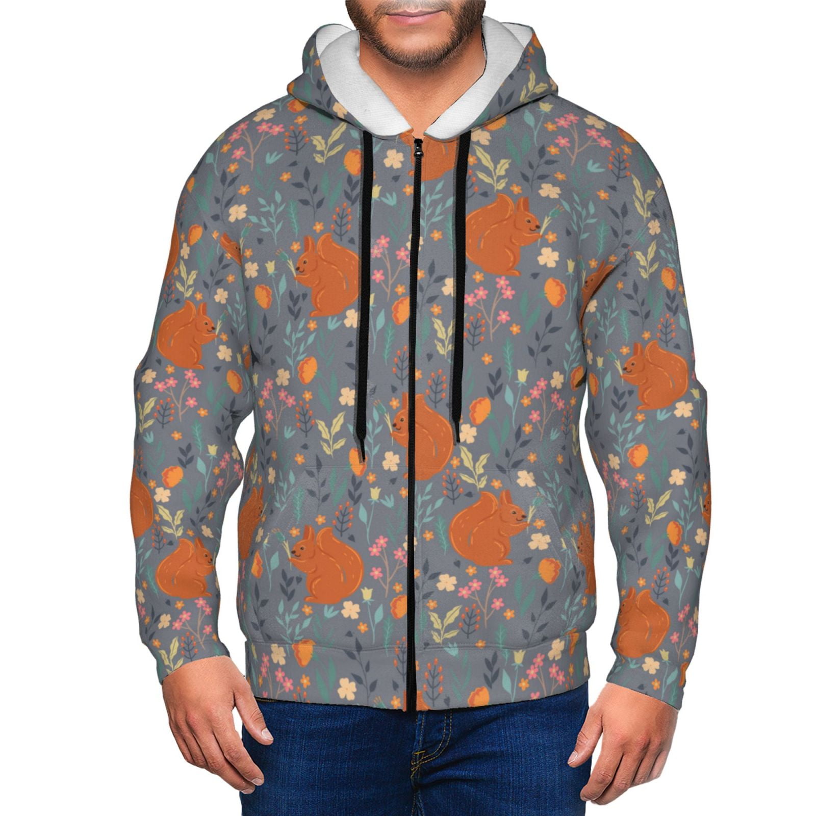 Adobk Floral Squirrel Print Mens Full-zip Hoodie, Zip-up Hooded ...