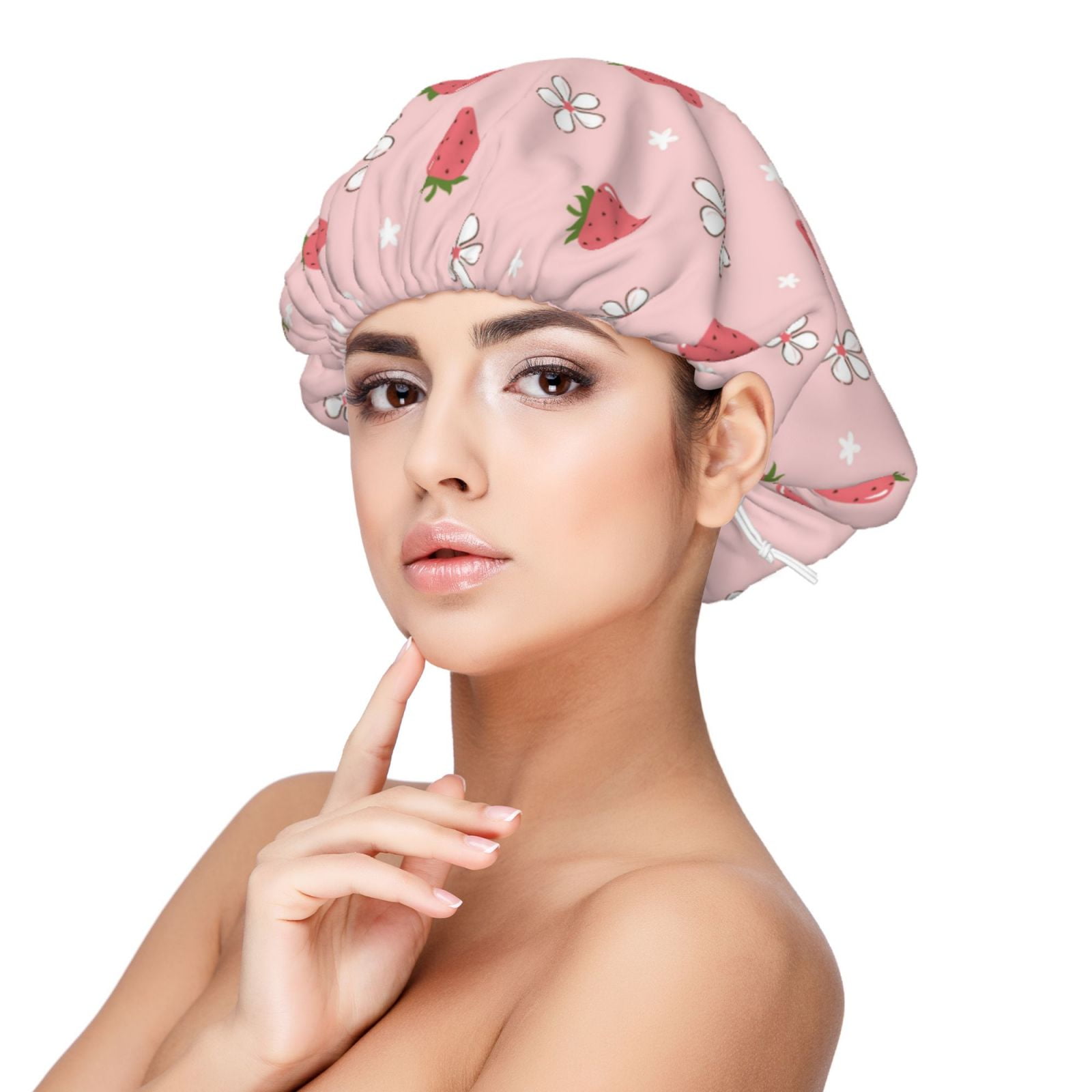 Adobk Floral Strawberr Print Satin Bonnet, Night Sleep Caps with Wide ...