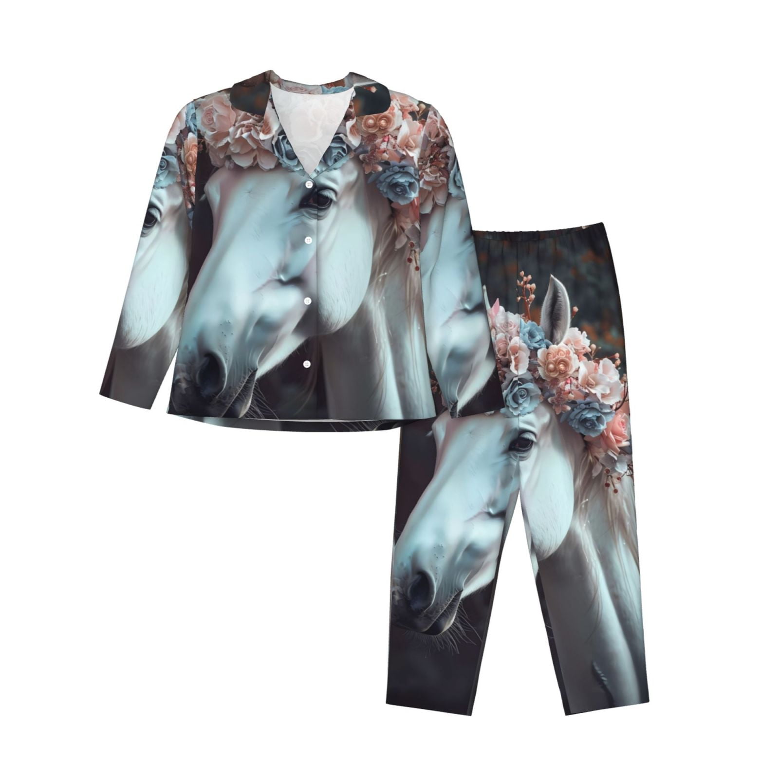Adobk Flower Crown White Horse Print Pajamas Set Long Sleeve Sleepwear ...