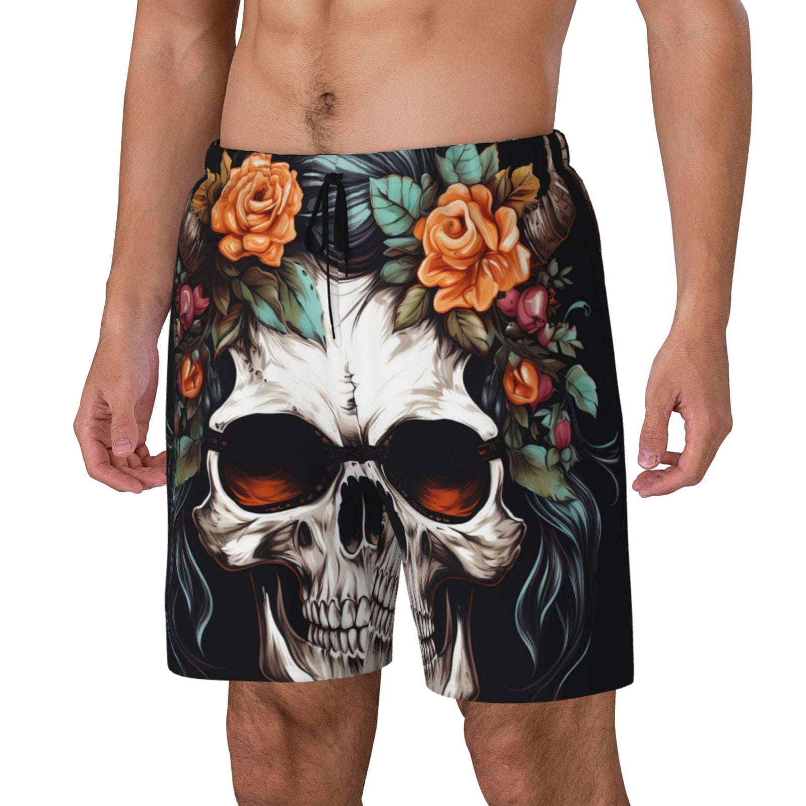 Adobk Flower Horn Skull Print Men's Swim Trunks with Compression Liner ...