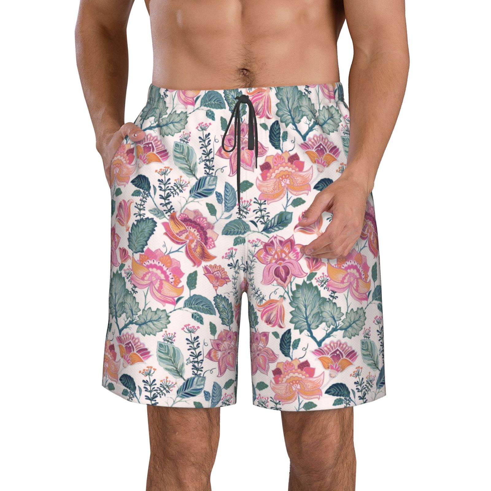 Adobk Flower Leaves Print Men's Swim Trunks Hawaiian Bathing Suit ...