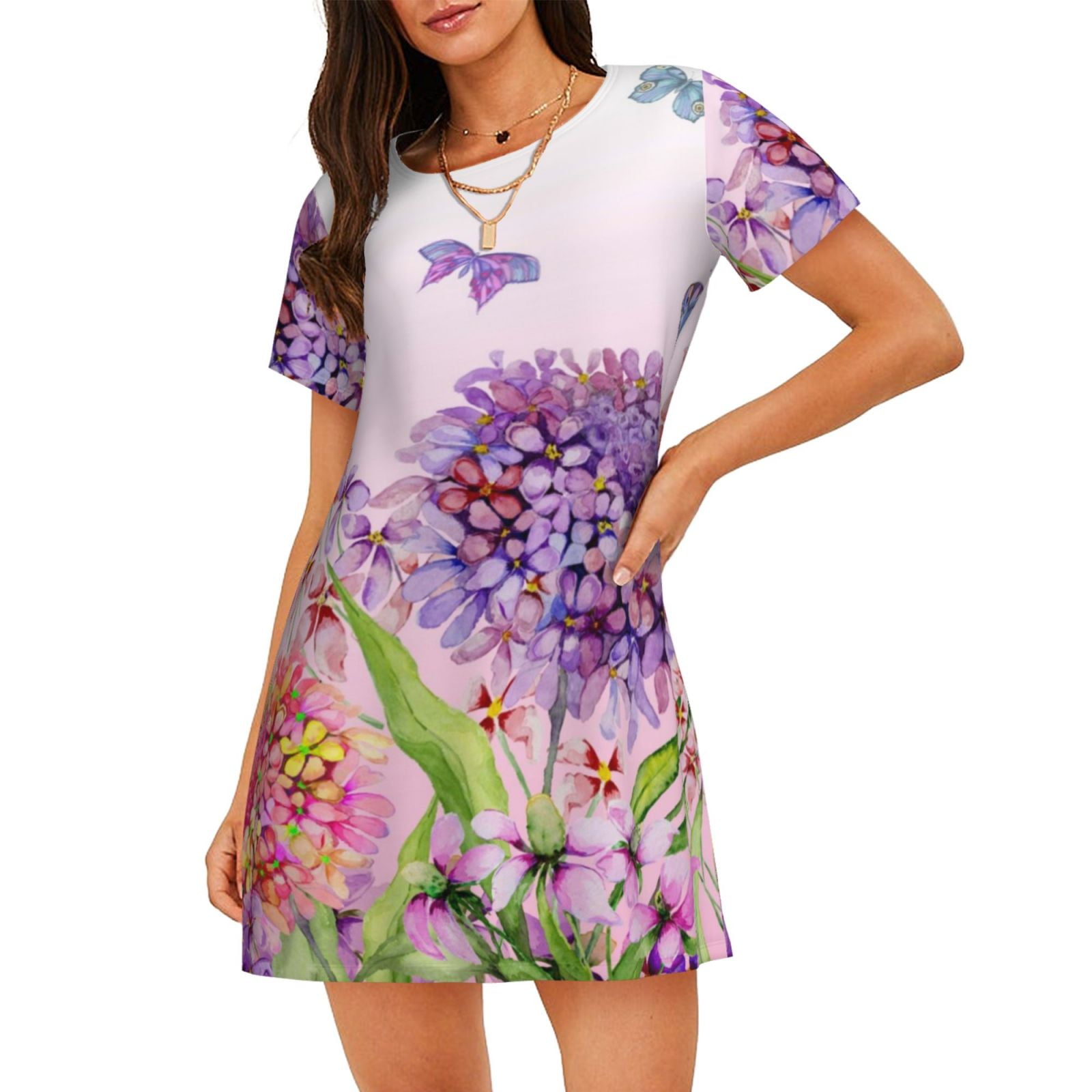 Adobk Flowers And Colorful Butterflies Print Womens Short Sleeve ...