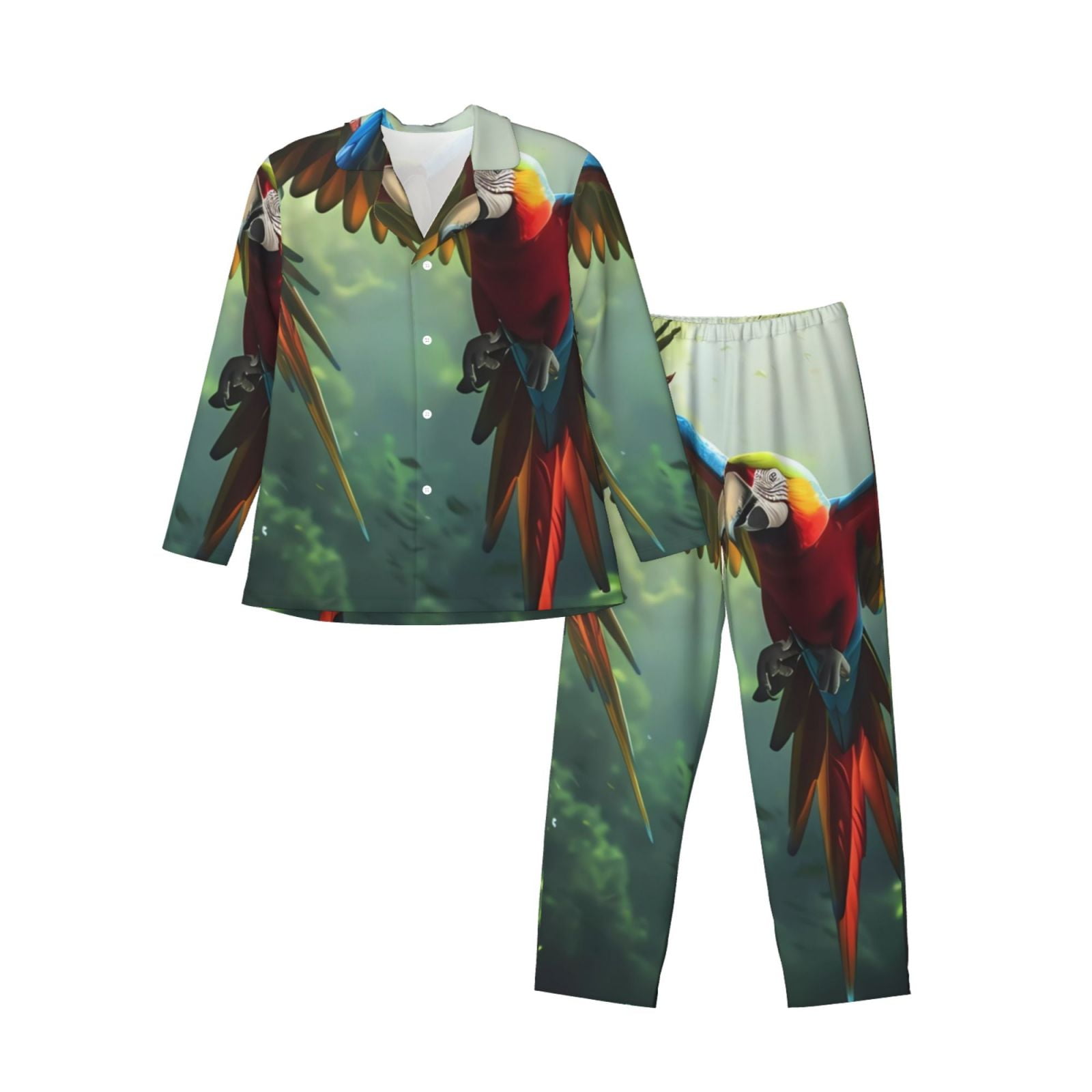 Adobk Flying Parrots In Jungle Print Mens Pajamas Set Long Sleeve Soft ...