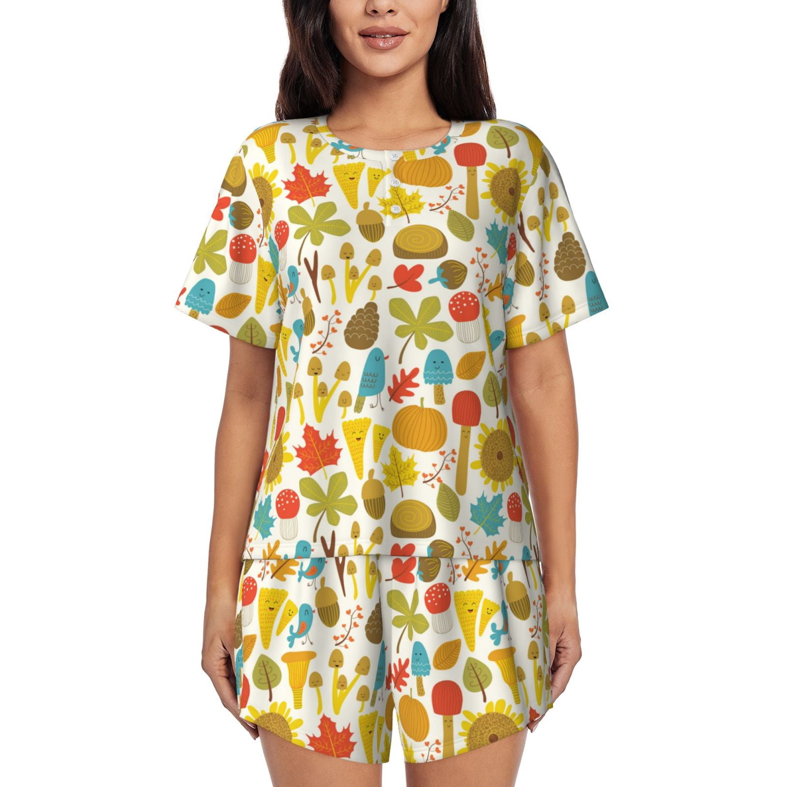 Adobk Forest Mushrooms Print Women Pajamas Sets for Short-Sleeved ...