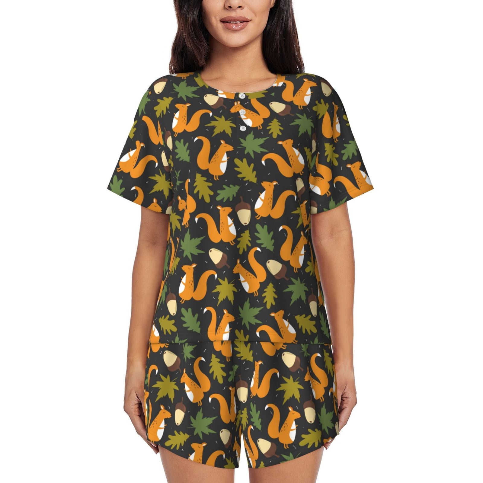 Adobk Forest Squirrel Print Women Pajamas Sets for Short-Sleeved，Shorts ...