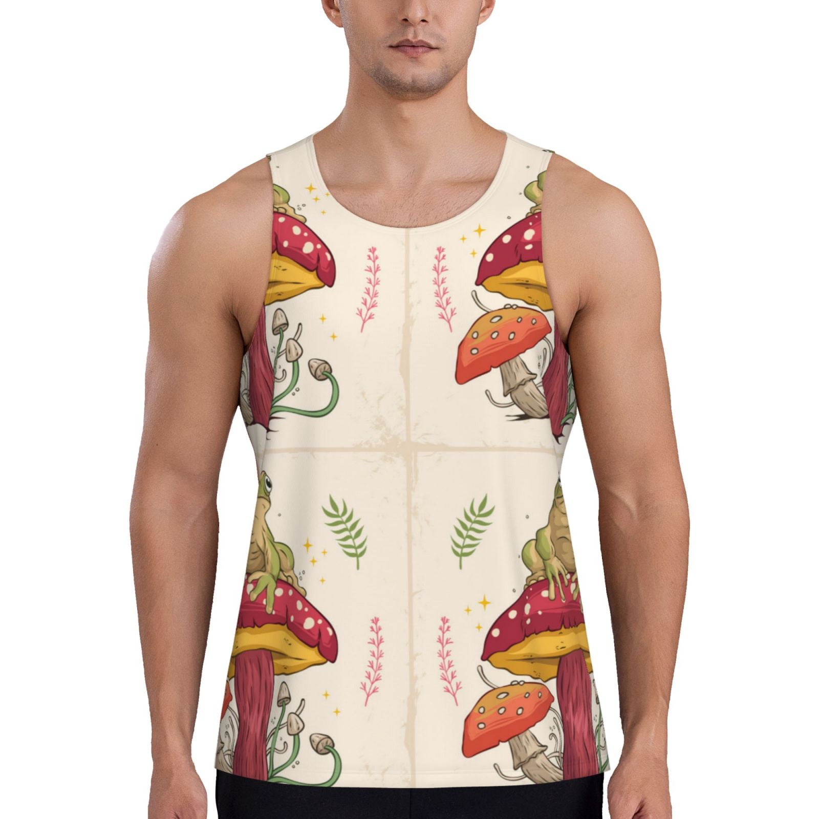 Adobk Frog Sitting On Mushroom Print Men's Workout Tank Tops Sleeveless ...