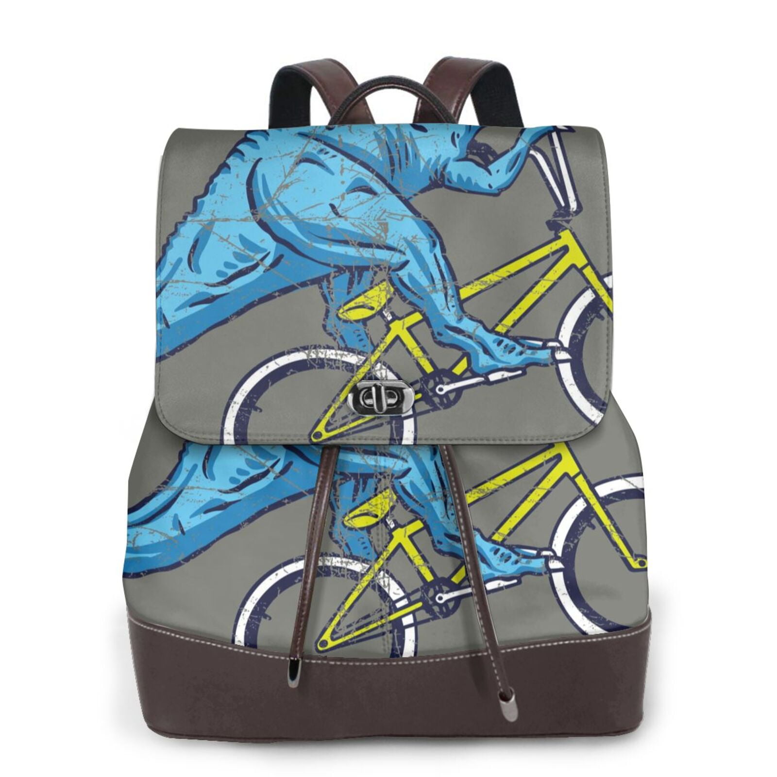 Adobk Fun Riding Dinosaur Print Leather Backpack Vintage Laptop Bookbag ...