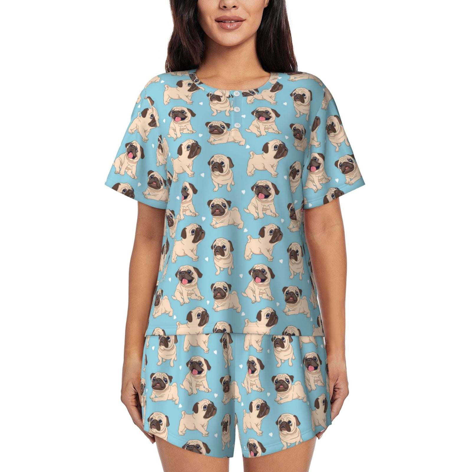 Adobk Funny Cartoon Pugs Print Women Pajamas Sets for Short-Sleeved ...