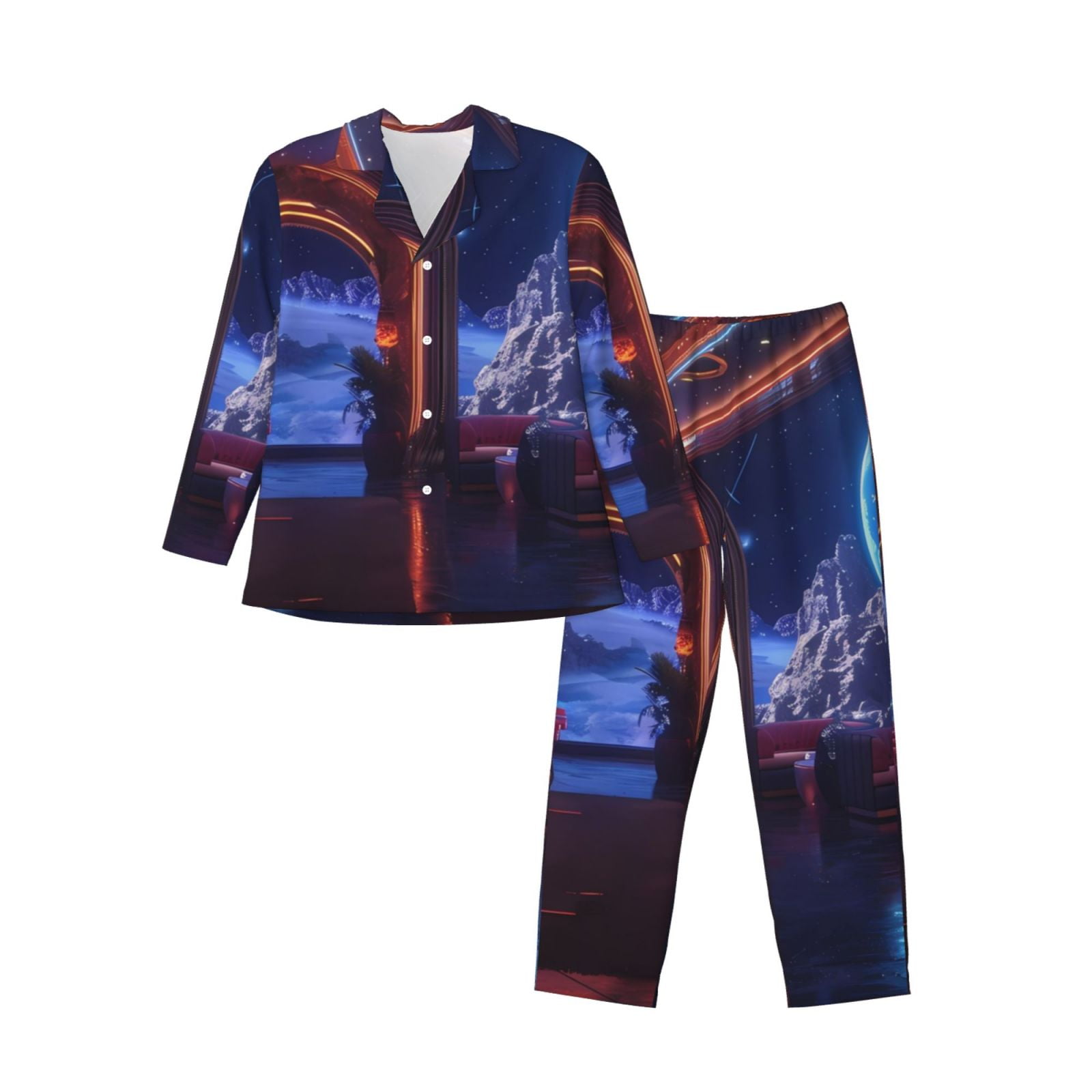 Adobk Futuristic Bar Space View Print Mens Pajamas Set Long Sleeve Soft ...