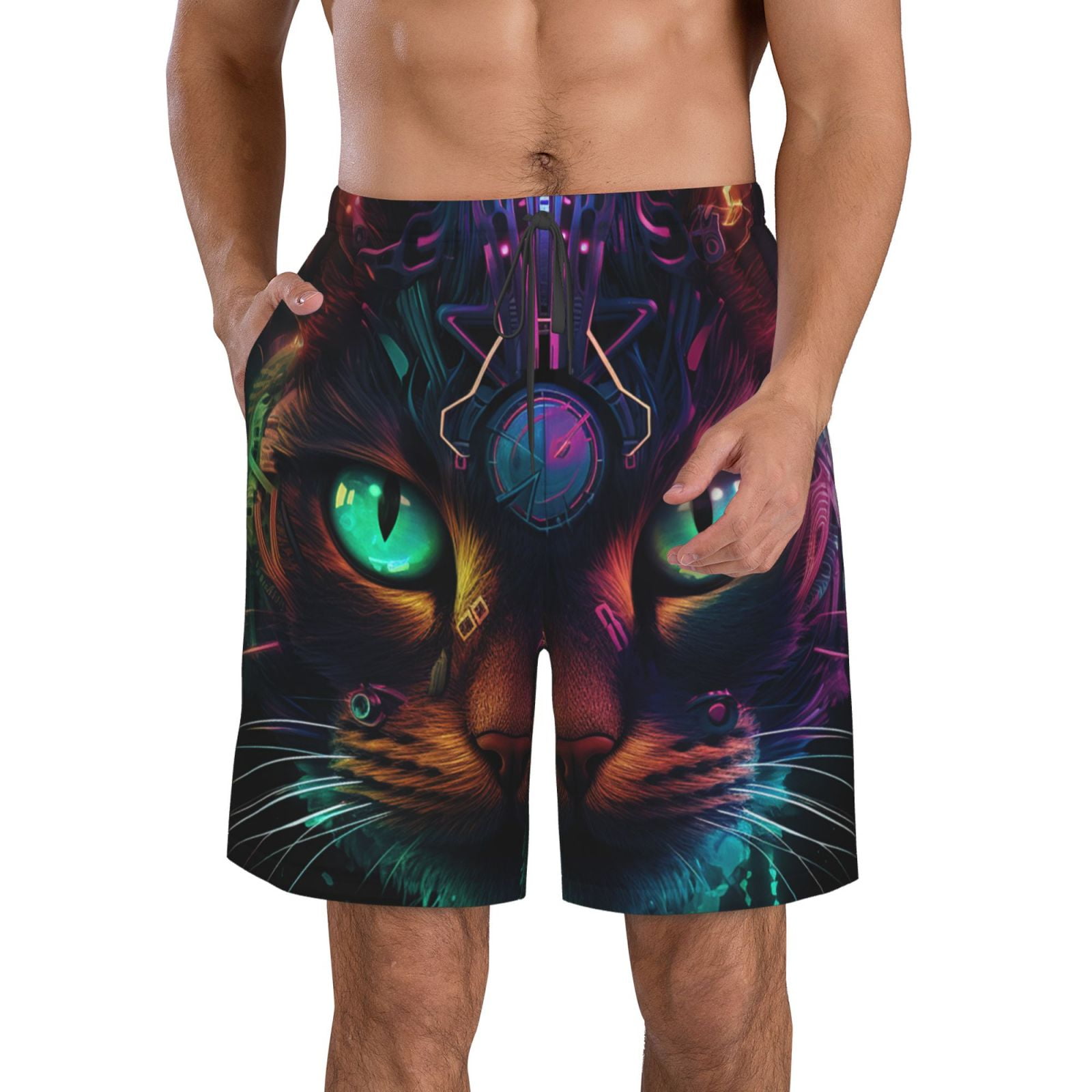 Adobk Futuristic Cat Warrior Print Men's Swim Trunks Hawaiian Bathing ...