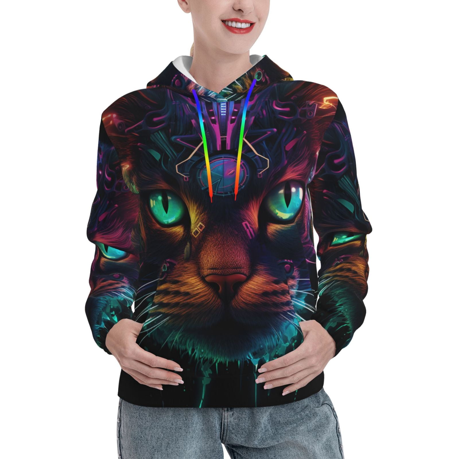 Adobk Futuristic Cat Warrior Print Womens Casual Hoodies Long Sleeve