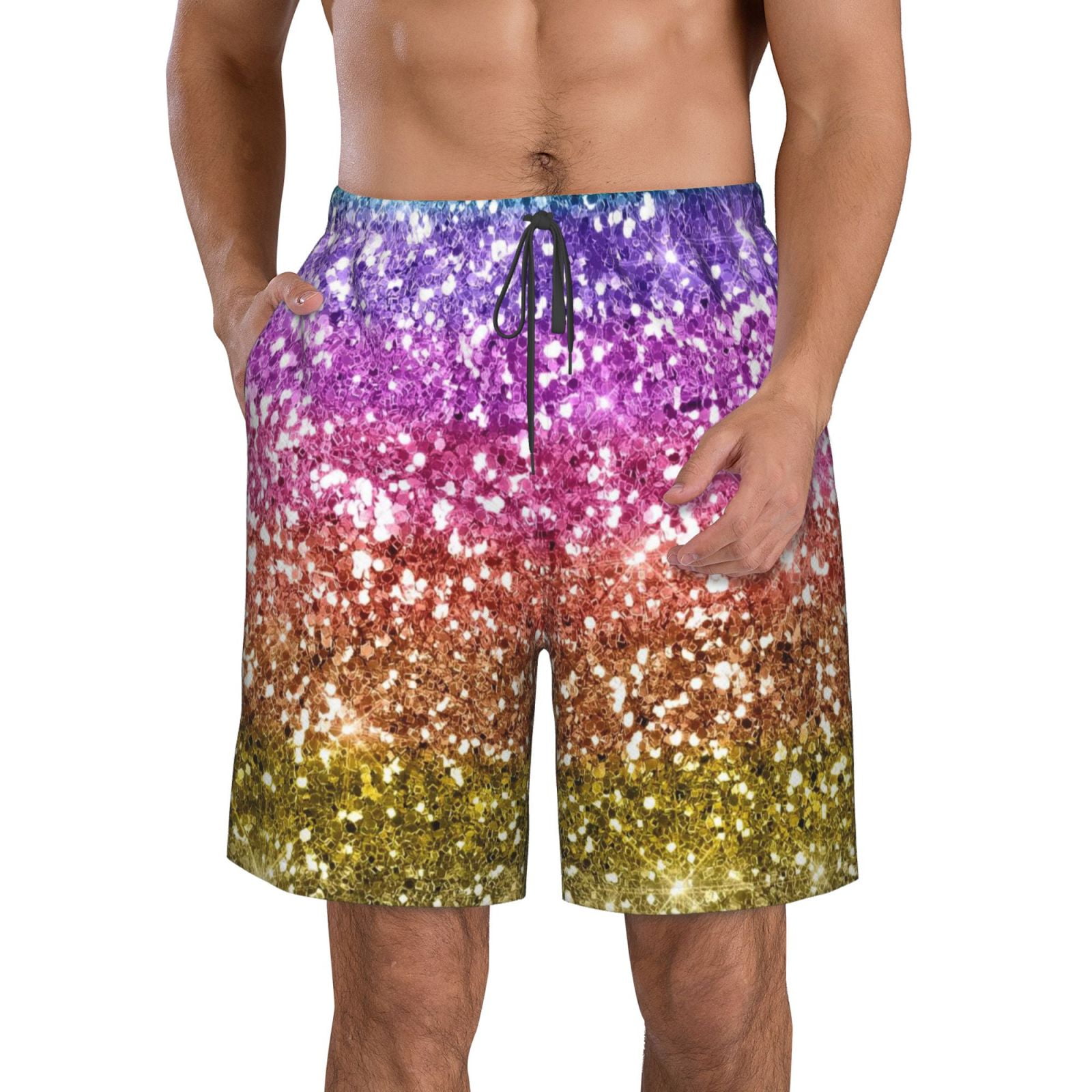 Adobk Glitter Rainbow Print Men's Swim Trunks Hawaiian Bathing Suit ...