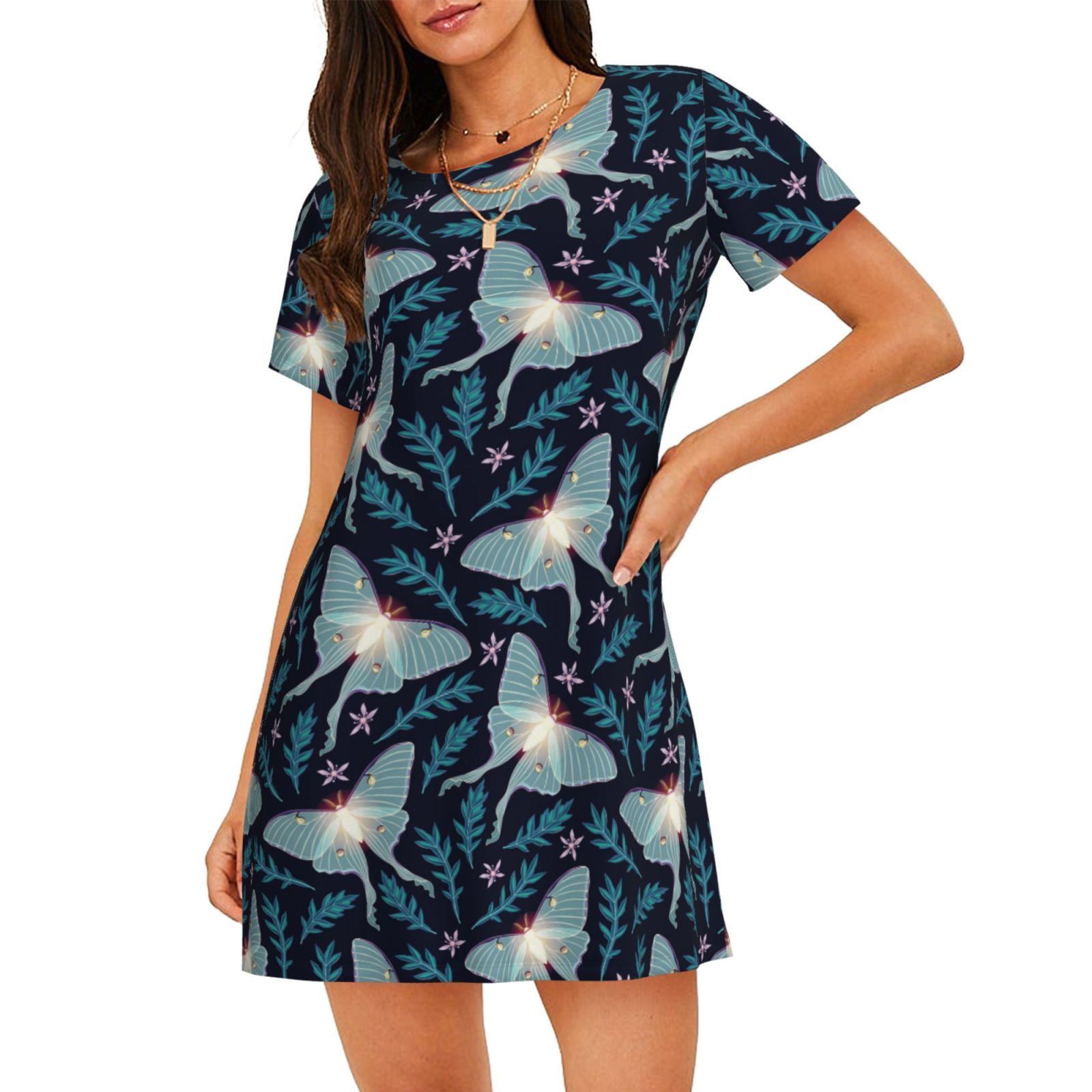 Adobk Glowing Butterfly Print Womens Short Sleeve Sleepshirt Scoopneck ...