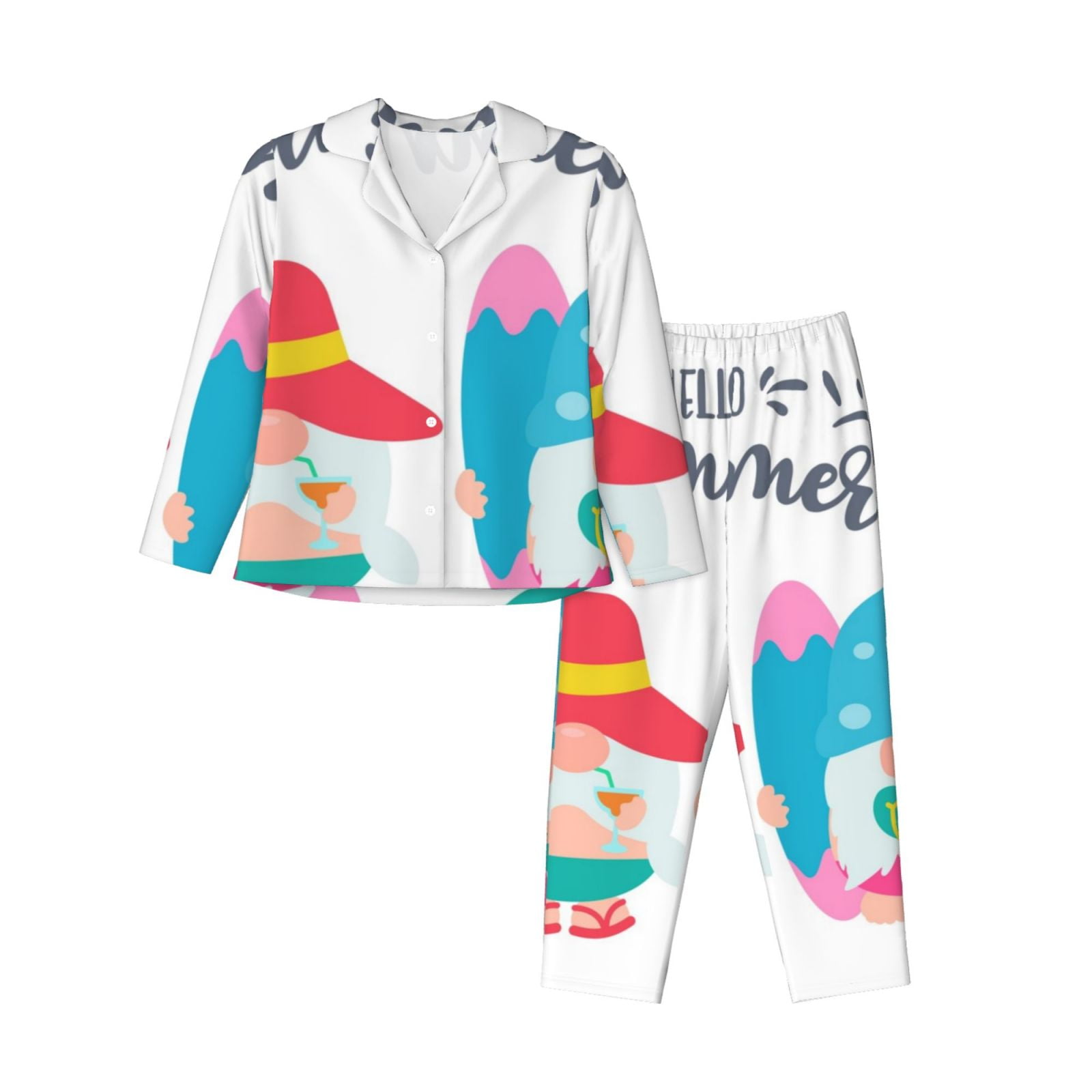 Adobk Gnomes Summer Print Pajamas Set Long Sleeve Sleepwear Womens ...