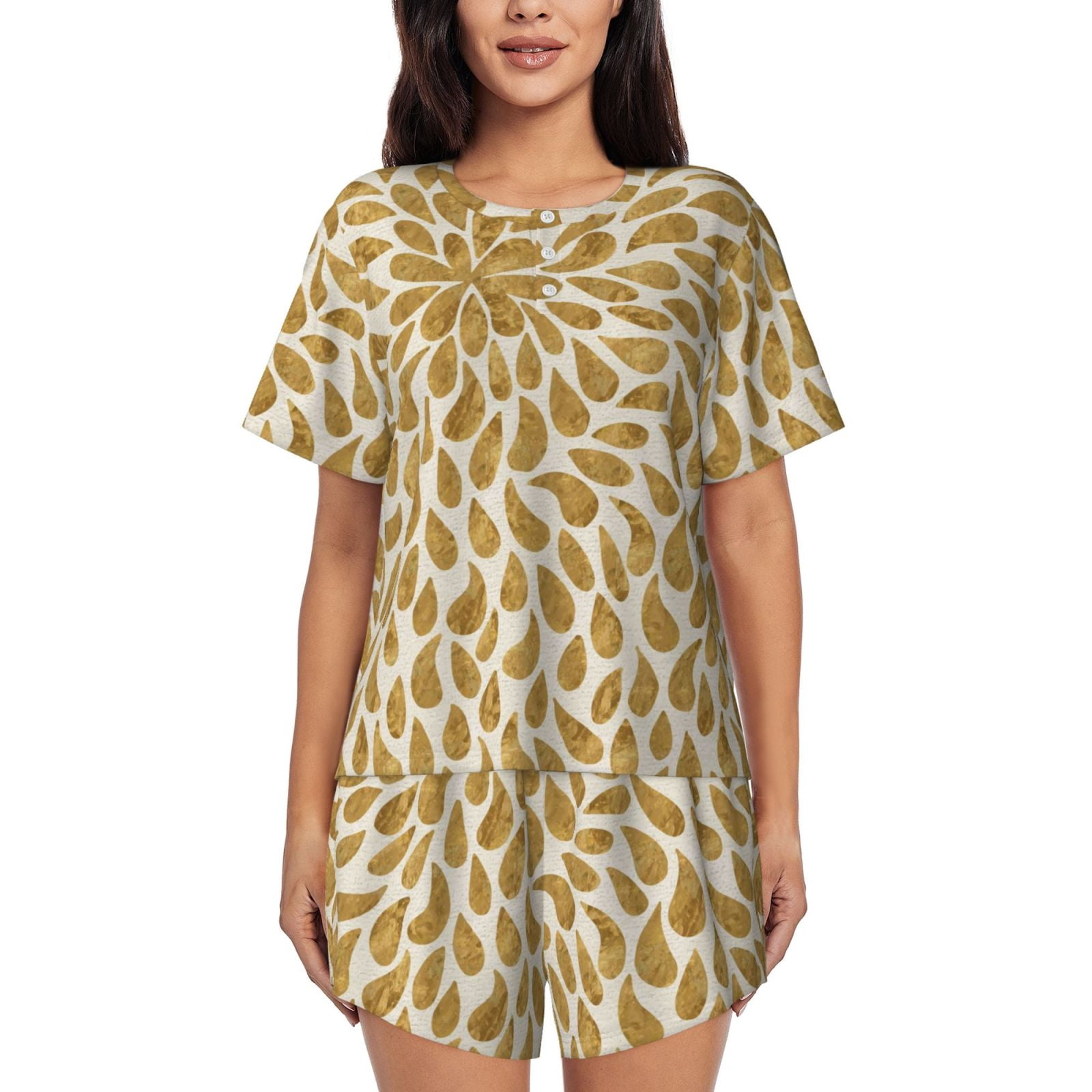 Adobk Gold Drops Print Women Pajamas Sets for Short-Sleeved，Shorts ...
