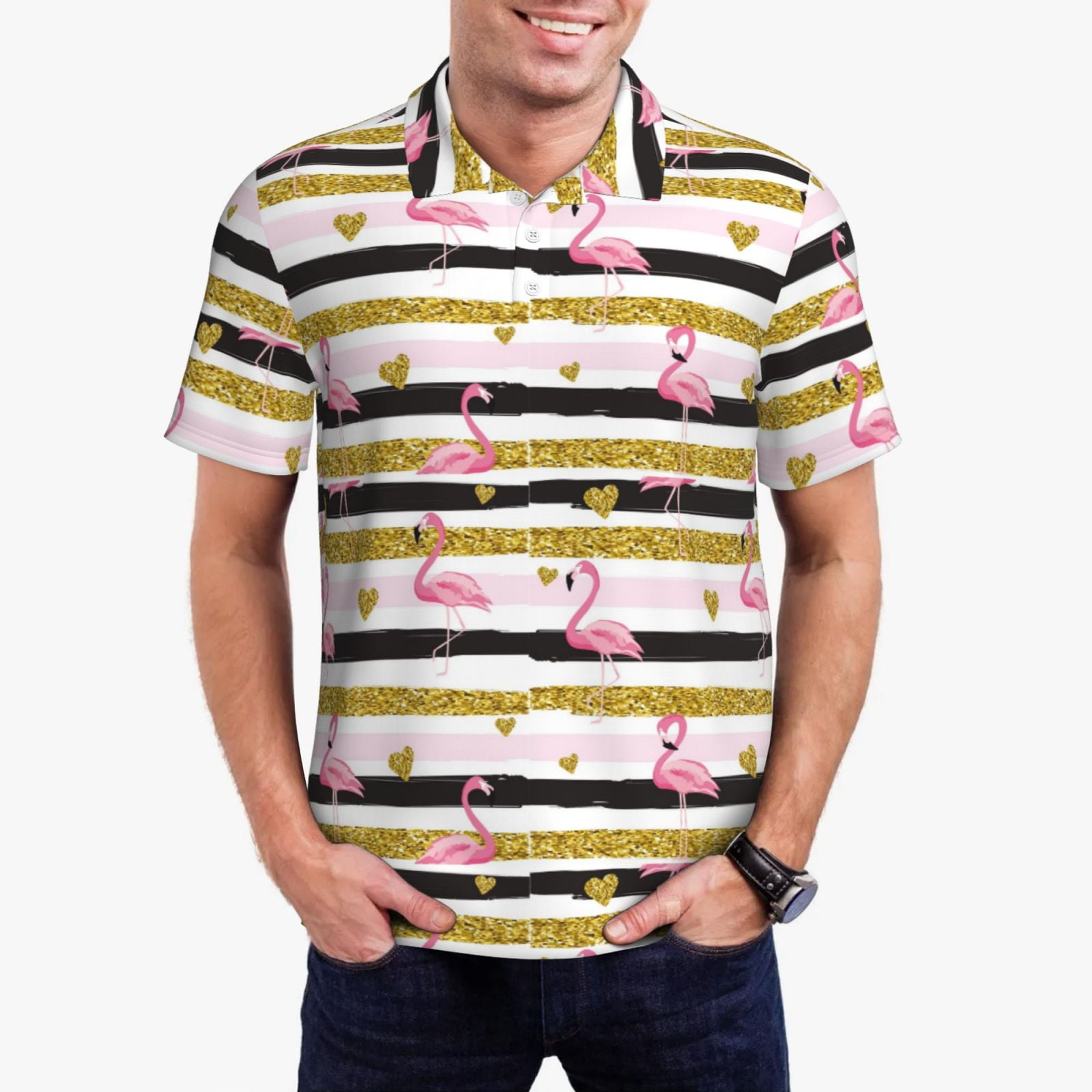 Adobk Gold Glittering Hearts and Flamingos Print Men’s Classic Polo ...