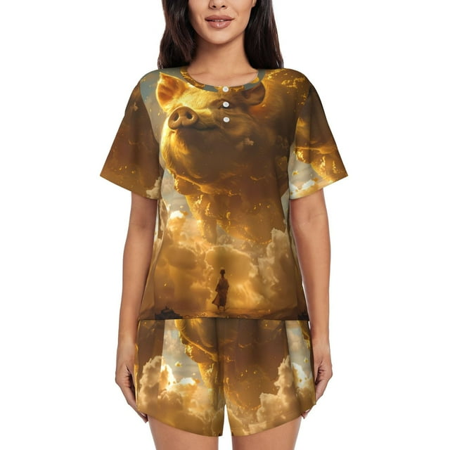 Adobk Golden Pig Cloud Fantasy Print Women Pajamas Sets for Short ...
