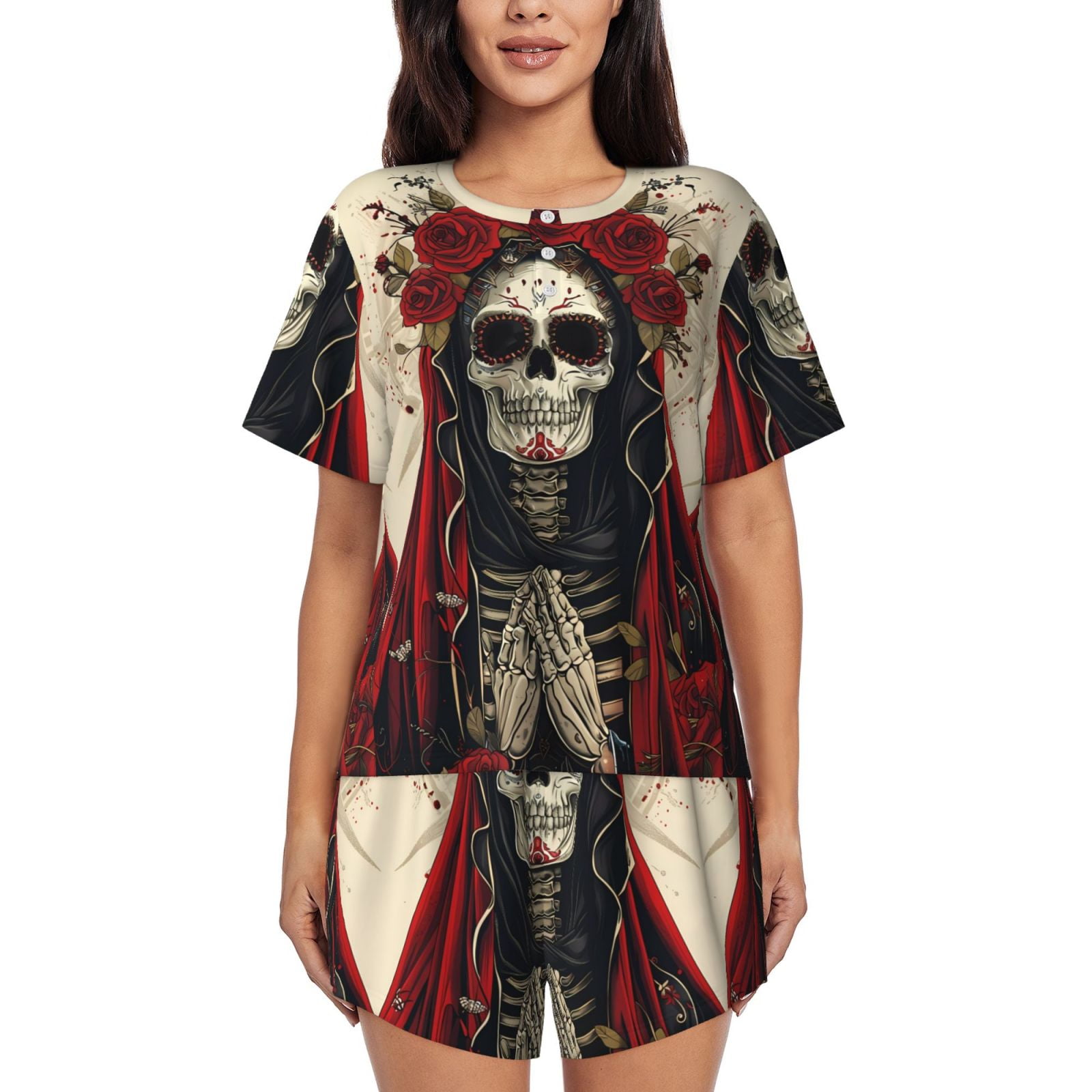 Adobk Gothic Skull With Roses Print Women Pajamas Sets for Short ...