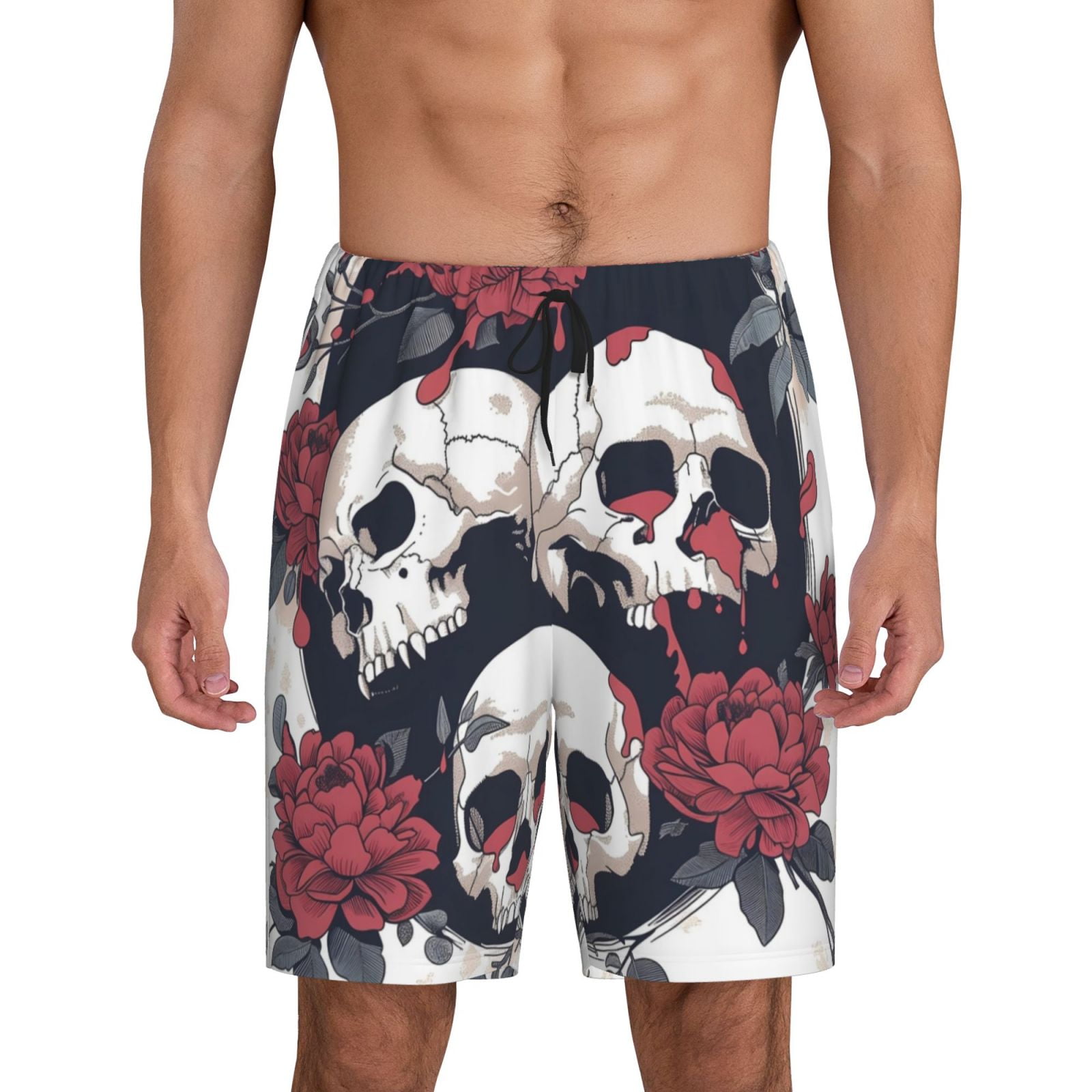 Adobk Gothic Skulls And Roses Print Pajama Shorts for Men Pjs Bottoms ...