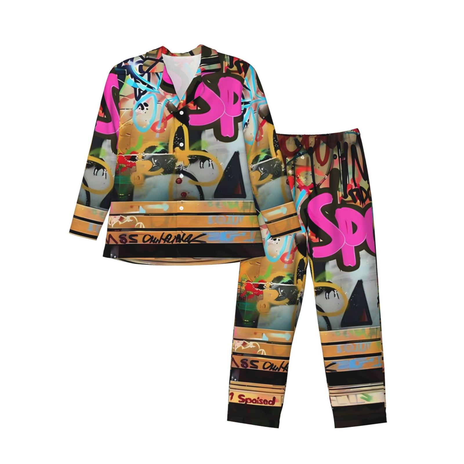 Adobk Graffiti Lamp Urban Scene Print Mens Pajamas Set Long Sleeve Soft ...
