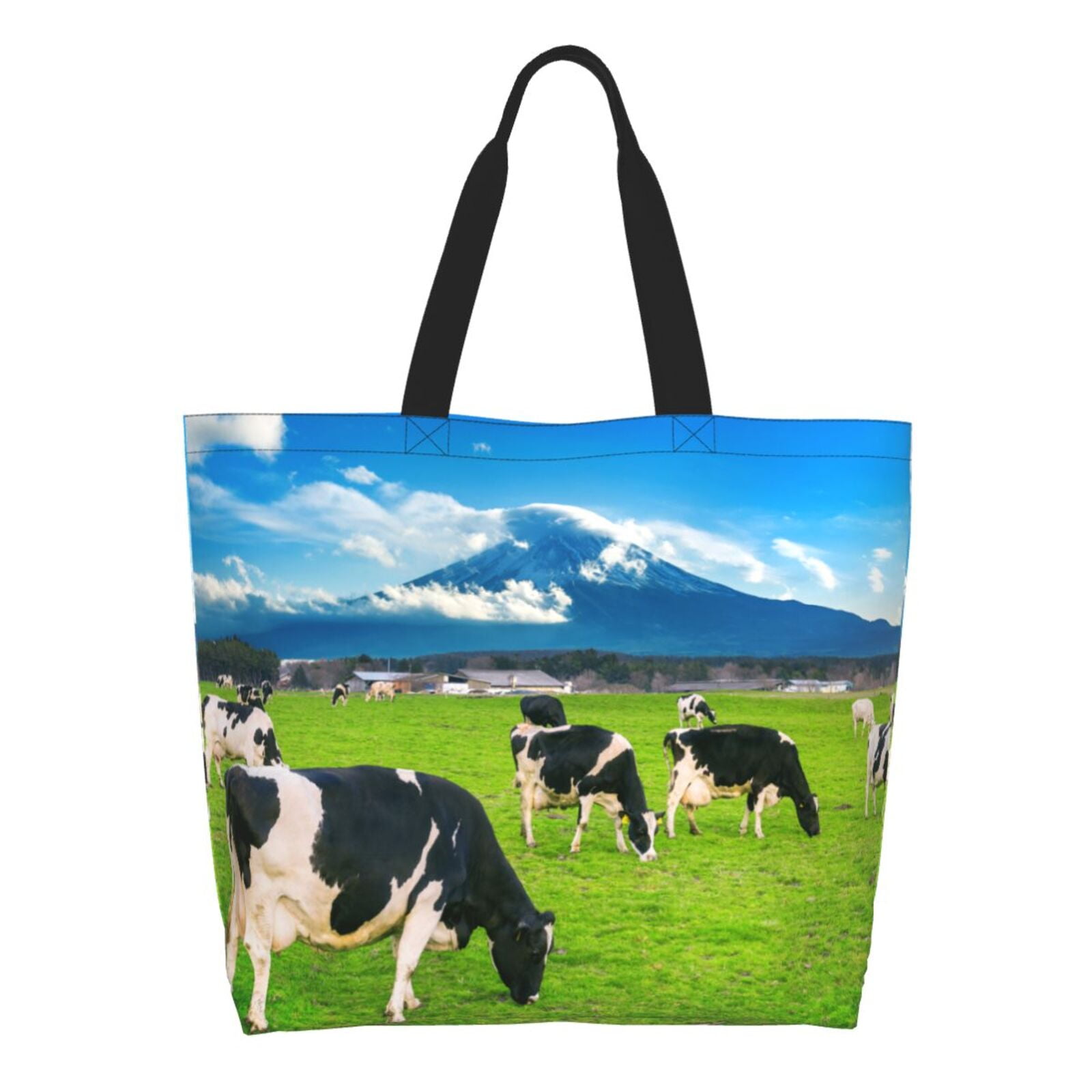 Adobk Grazing Cows Mountain View Print Stylish Canvas Tote Bag with an ...