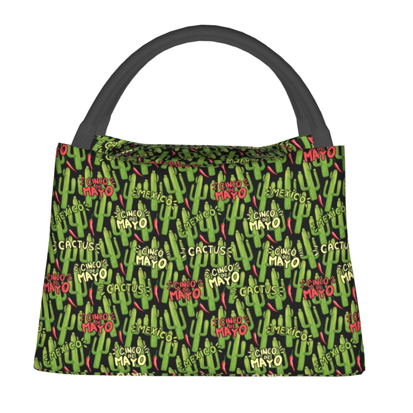 Adobk Green Cacti And Red Chili Print Portable Insulated Lunch ...