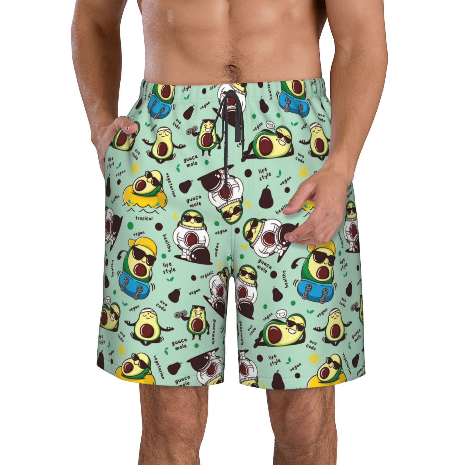 Adobk Green Cute Avocado Print Men's Swim Trunks Hawaiian Bathing Suit ...
