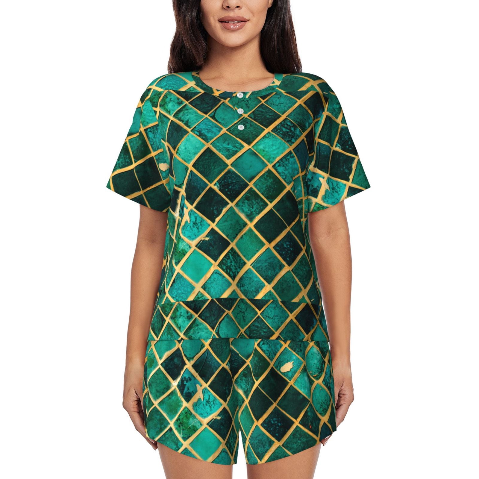Adobk Green Mosaic Glass Print Women Pajamas Sets for Short-Sleeved ...