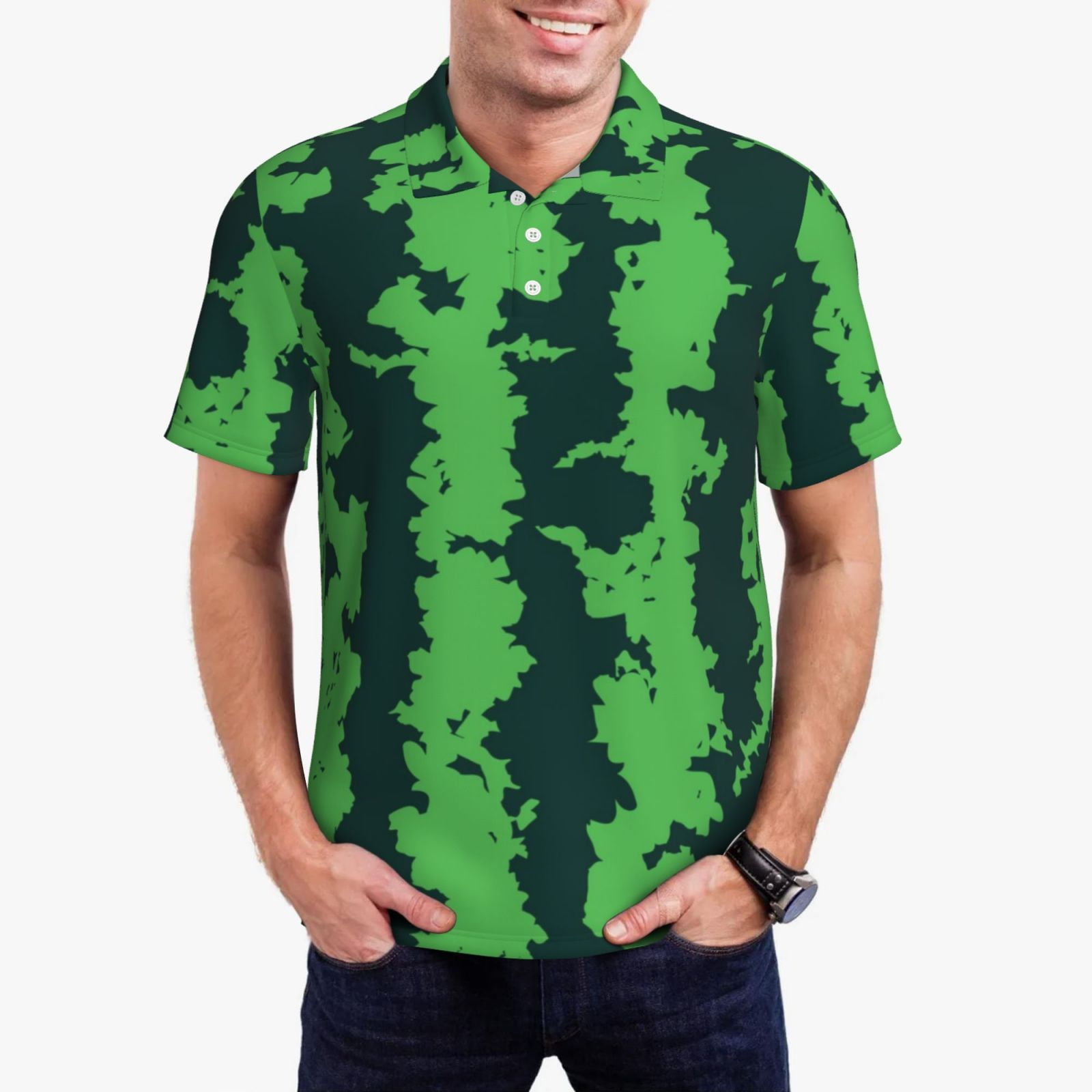 Adobk Green Stripes Of Watermelon Print Men’s Classic Polo Shirt Short ...