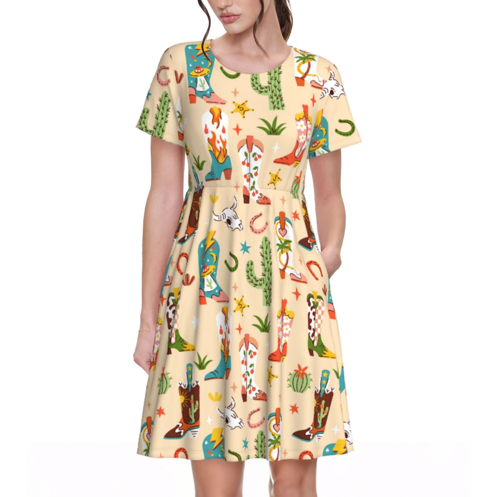 Adobk Groovy American Western Footwear Print Women’s Short Sleeve Dress ...