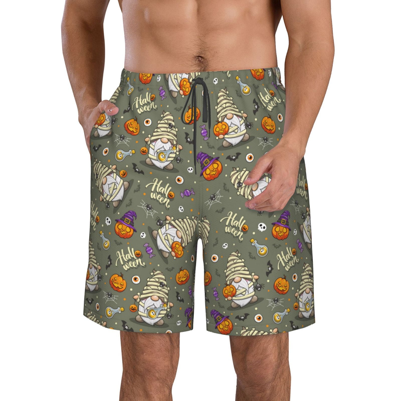 Adobk Halloween Mummy Gnome Print Men's Swim Trunks Hawaiian Bathing ...