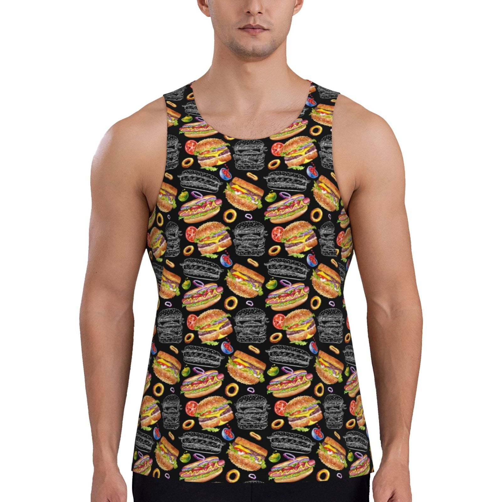 Adobk Hamburgers Hot Dogs Print Men's Workout Tank Tops Sleeveless Mesh ...