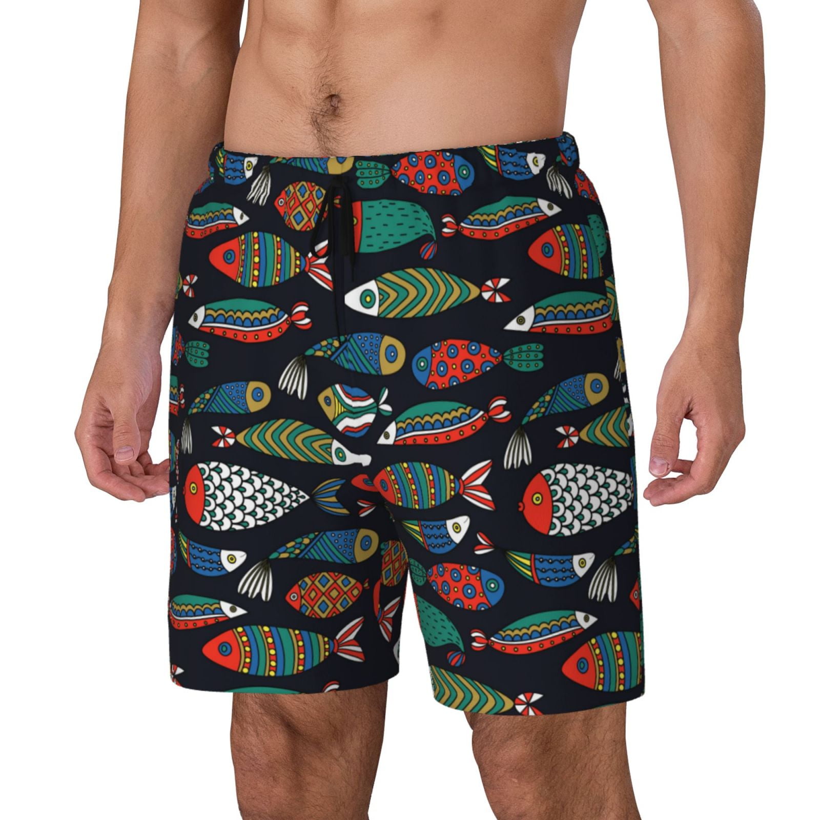 Adobk Hand Drawn Colorful Fishes Print Men's Swim Trunks with ...