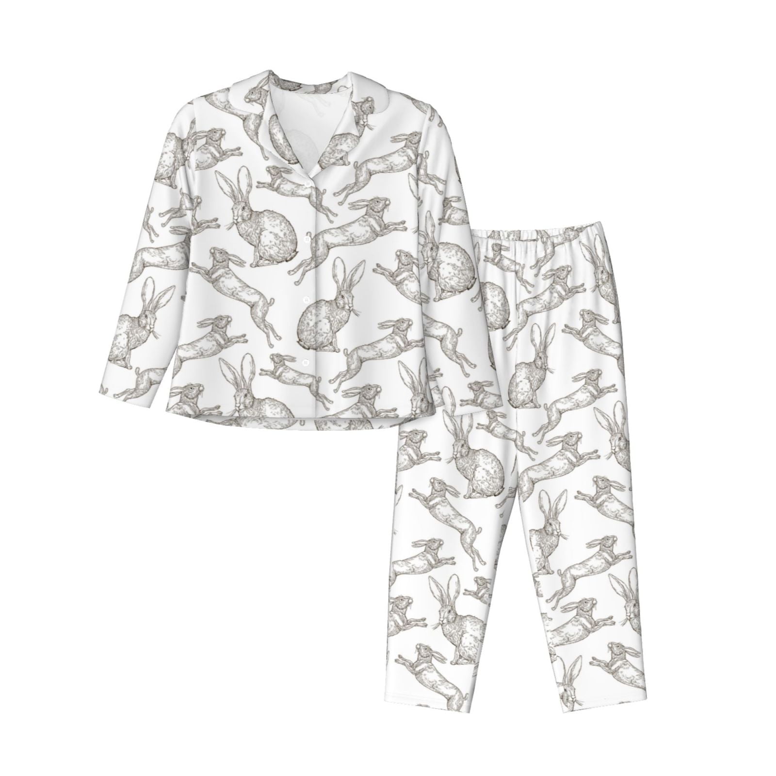 Adobk Hand Drawn Rabbit Print Pajamas Set Long Sleeve Sleepwear Womens ...