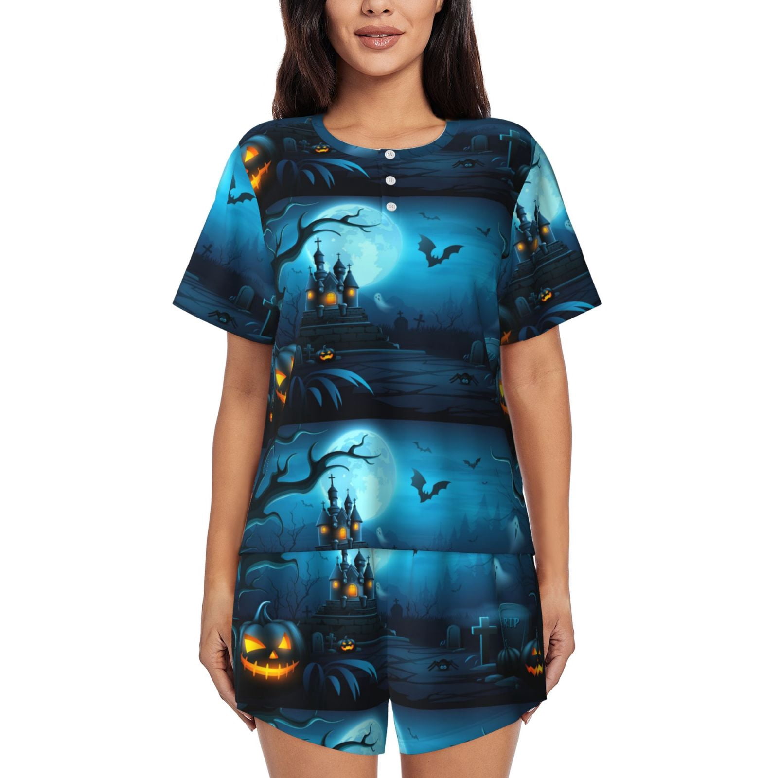 Adobk Happy Halloween-1 Print Women Pajamas Sets for Short-Sleeved ...